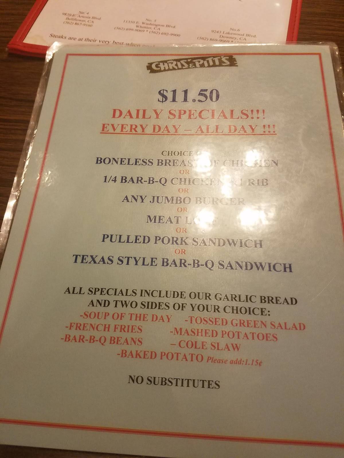 Menu at Chris & Pitts BBQ Restaurant, Downey
