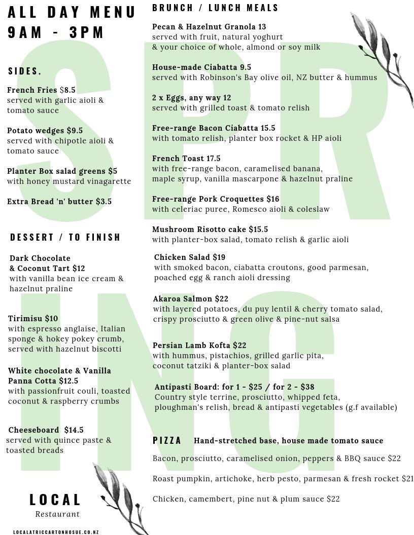 Menu at The Quarters at Riccarton House restaurant, Christchurch