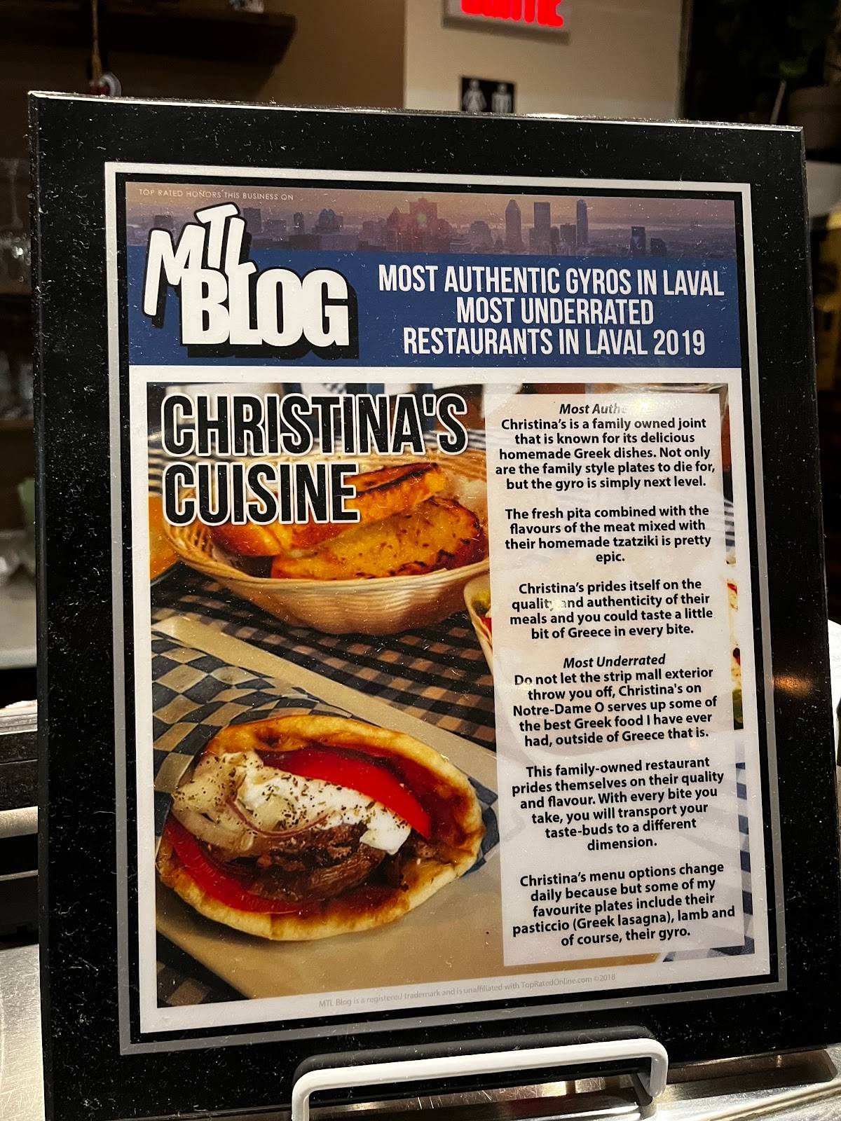 Menu au Christina's Cuisine restaurant, Laval