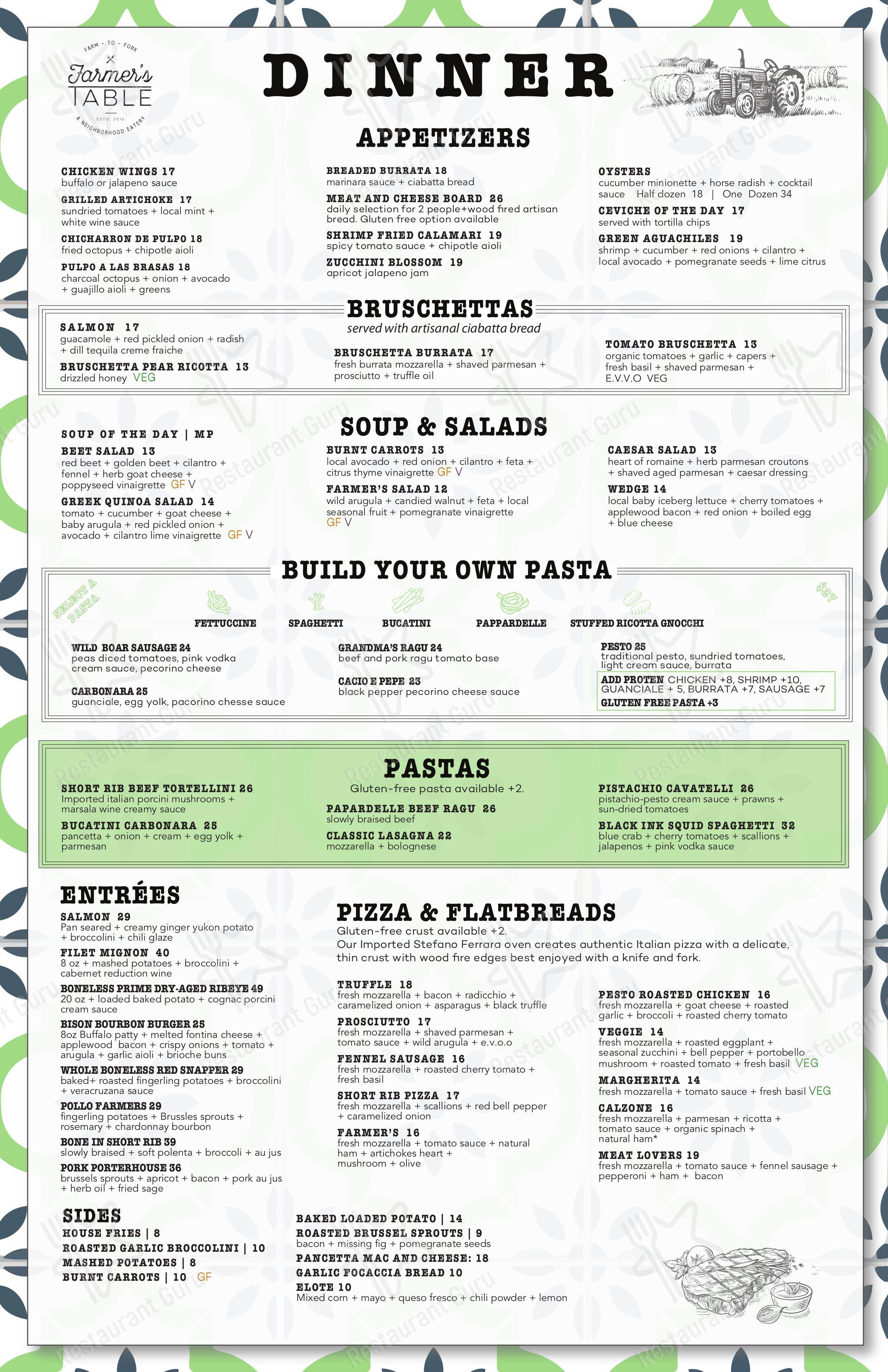 Menu at Farmer's Table Chula Vista restaurant, Chula Vista