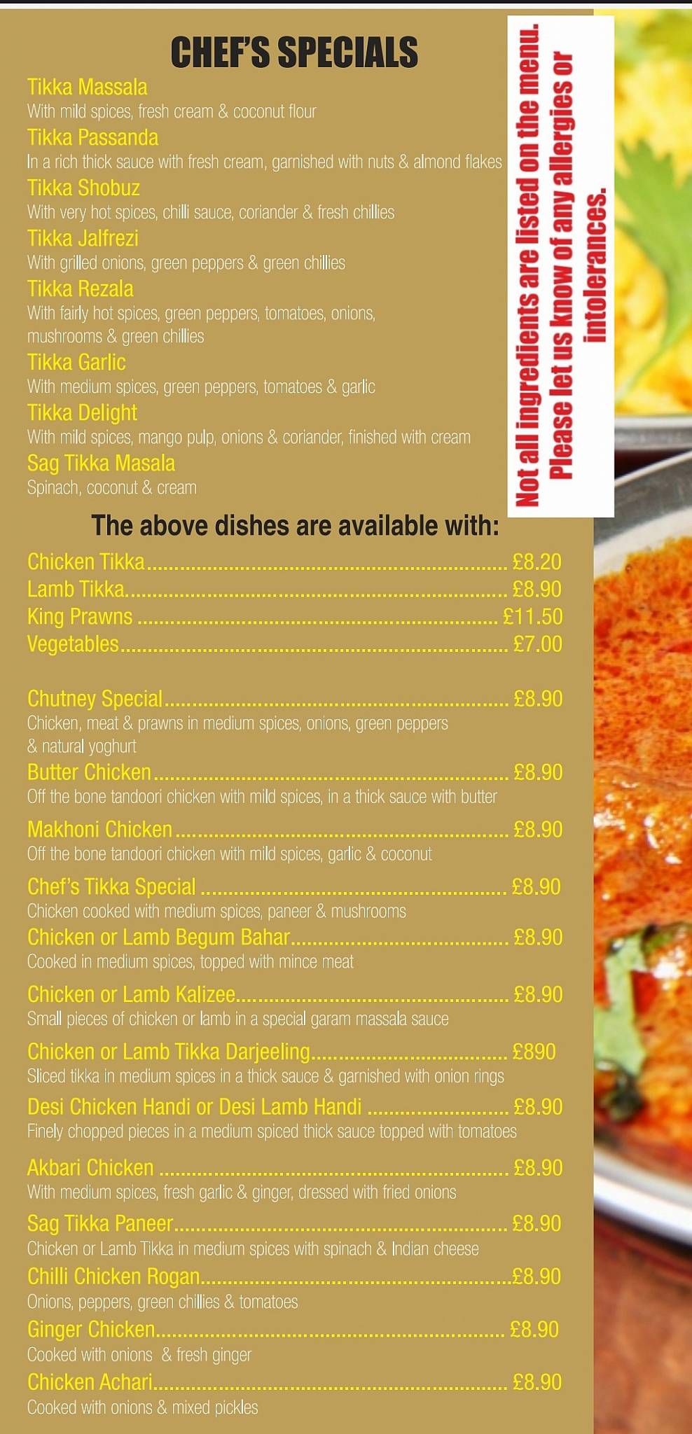 Menu at Chutney Spice restaurant, Chesterfield