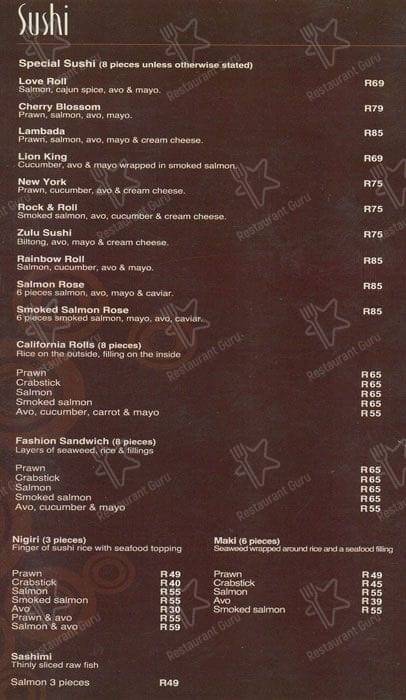 Menu at Cicada restaurant, Nelspruit