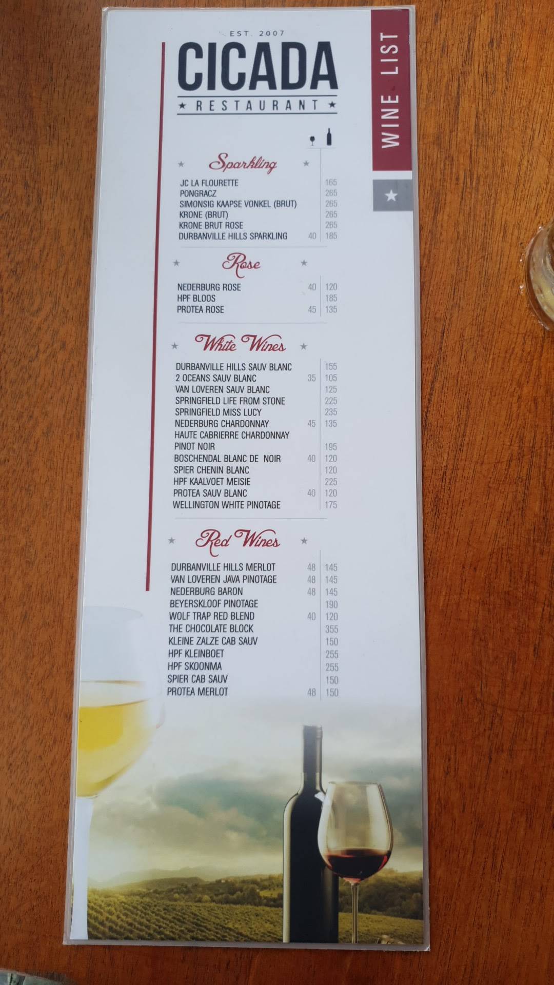 Menu at Cicada restaurant, Nelspruit