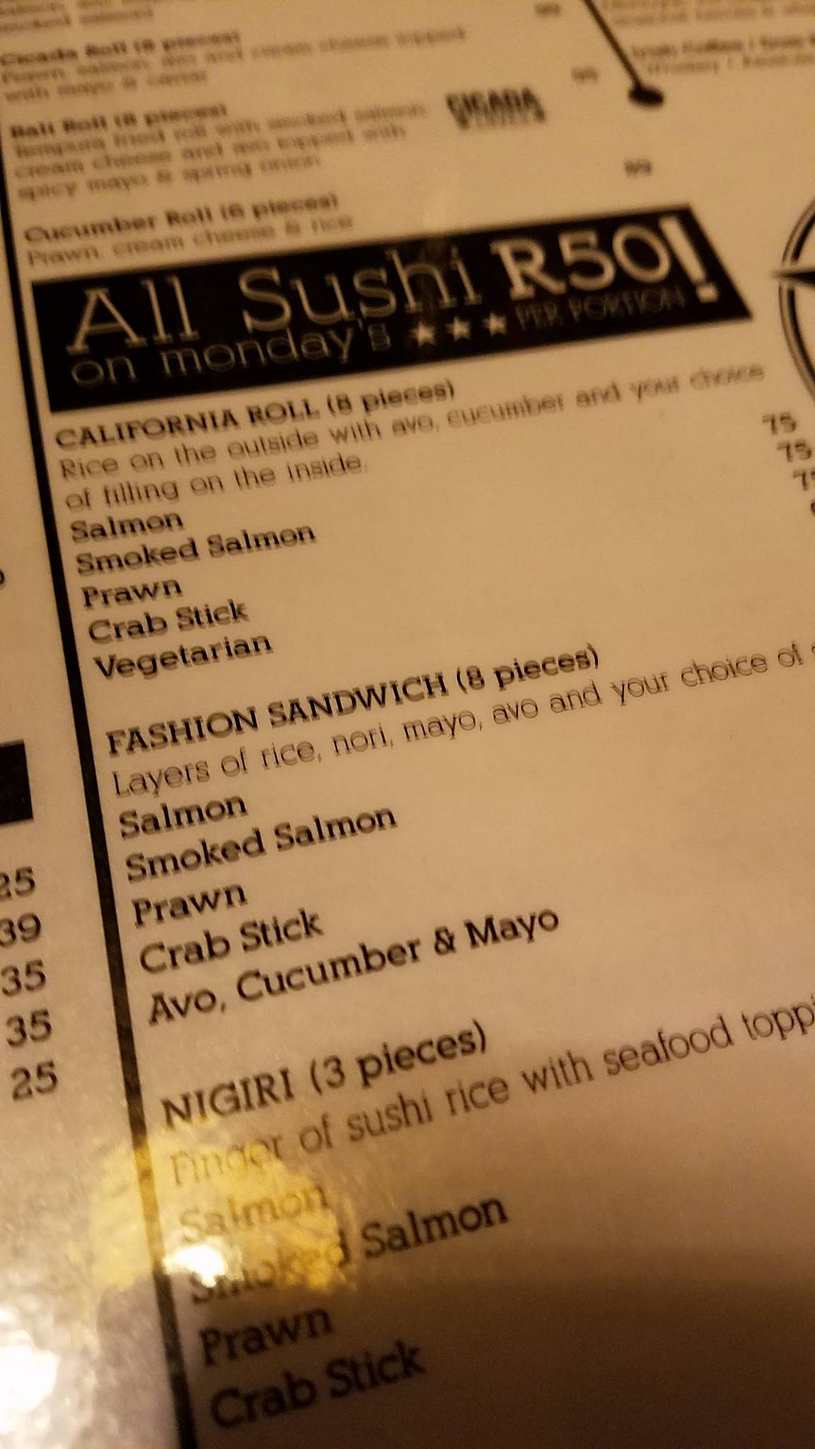 Menu at Cicada restaurant, Nelspruit