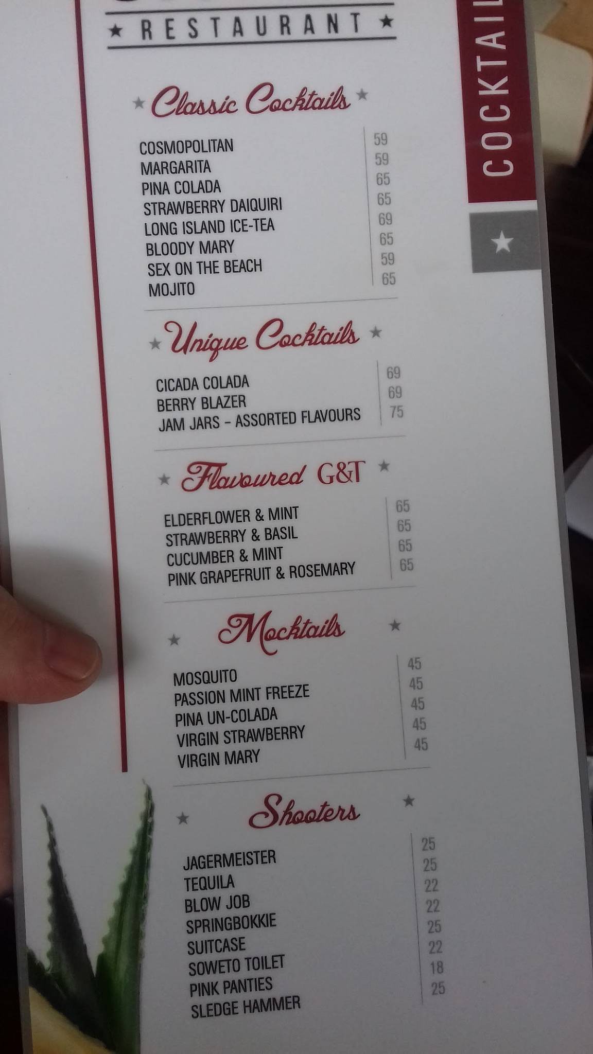 Menu at Cicada restaurant, Nelspruit