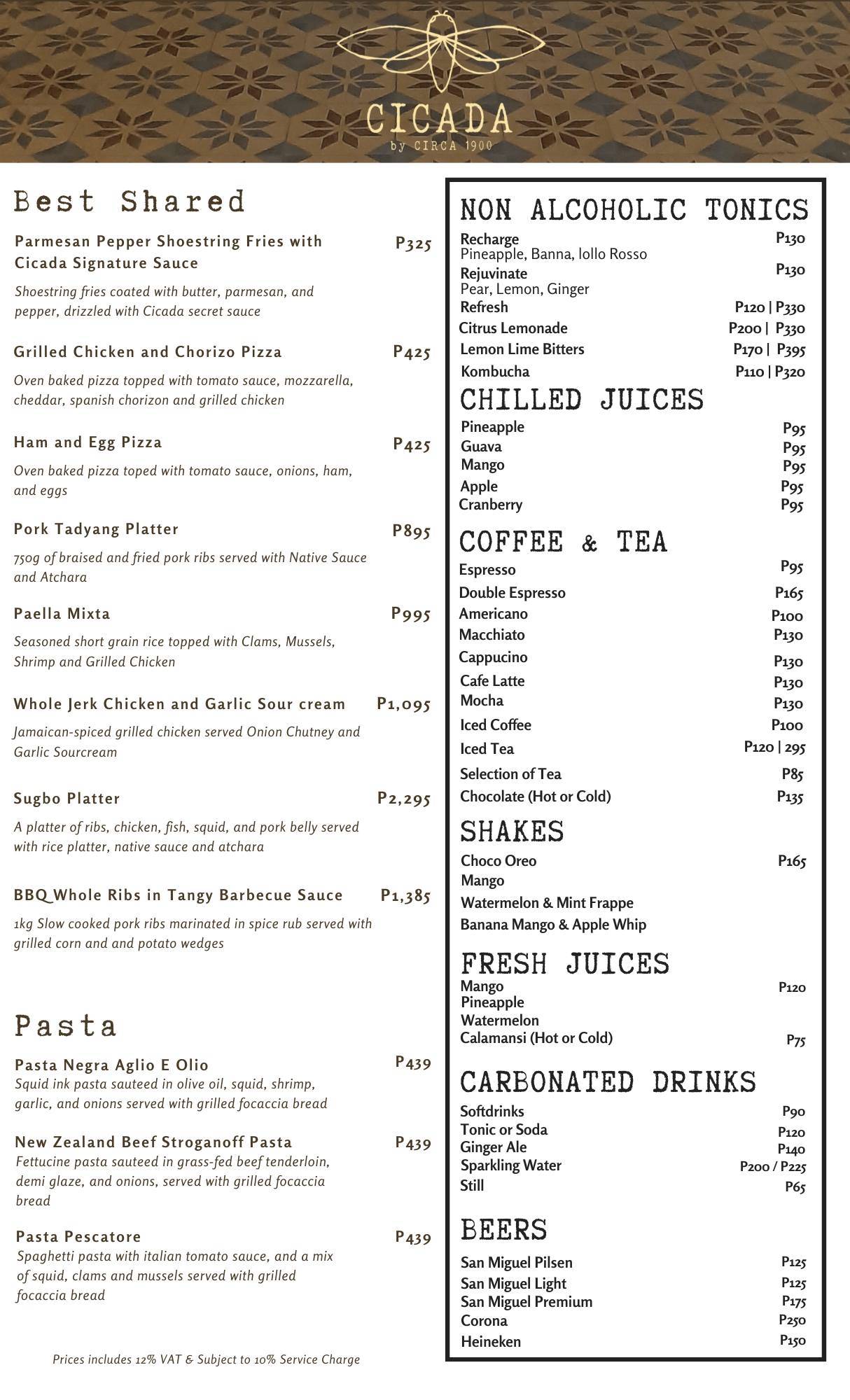 Menu at Circa 1900 restaurant, Cebu City
