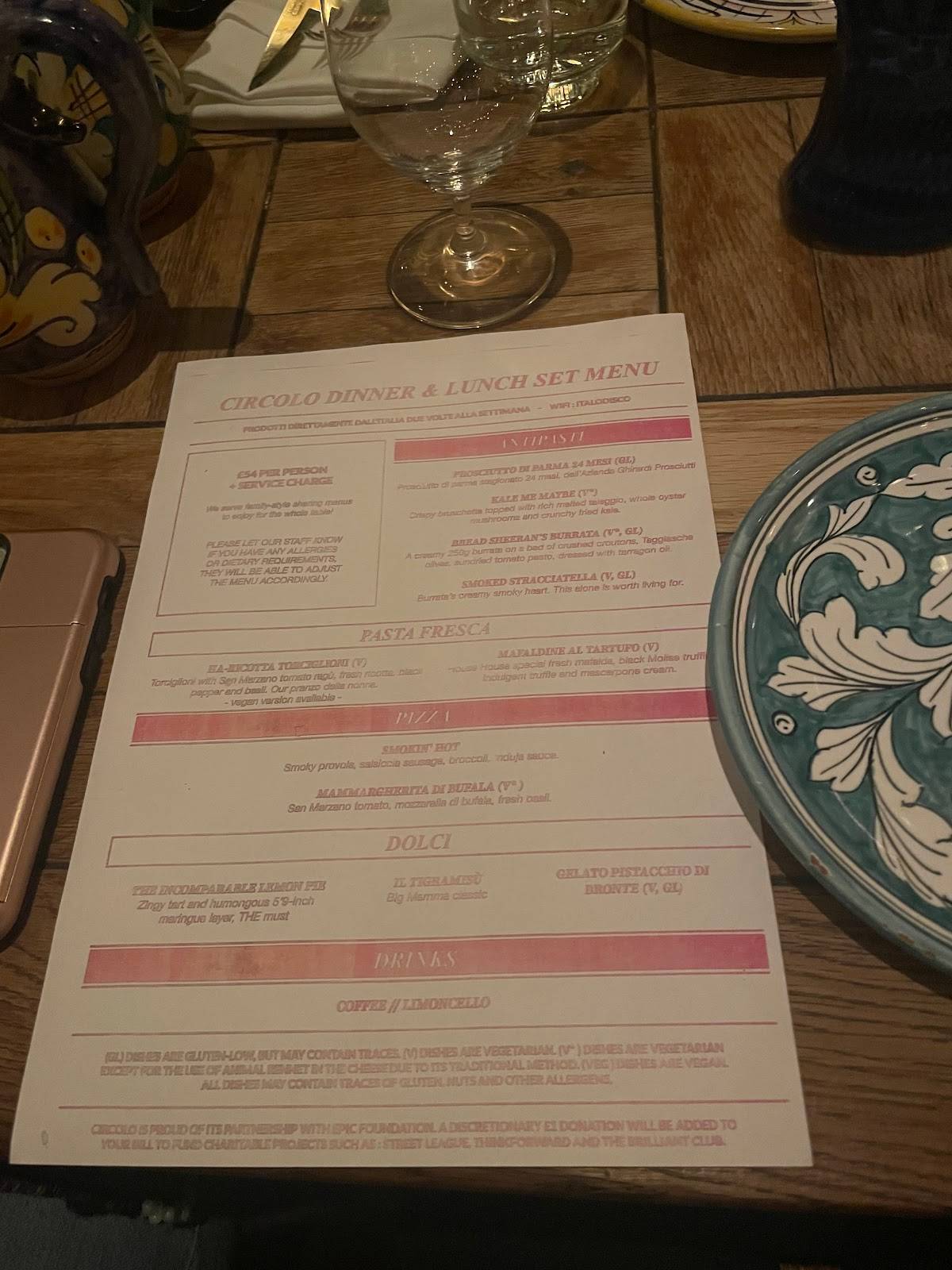 Menu at Circolo Popolare restaurant, London