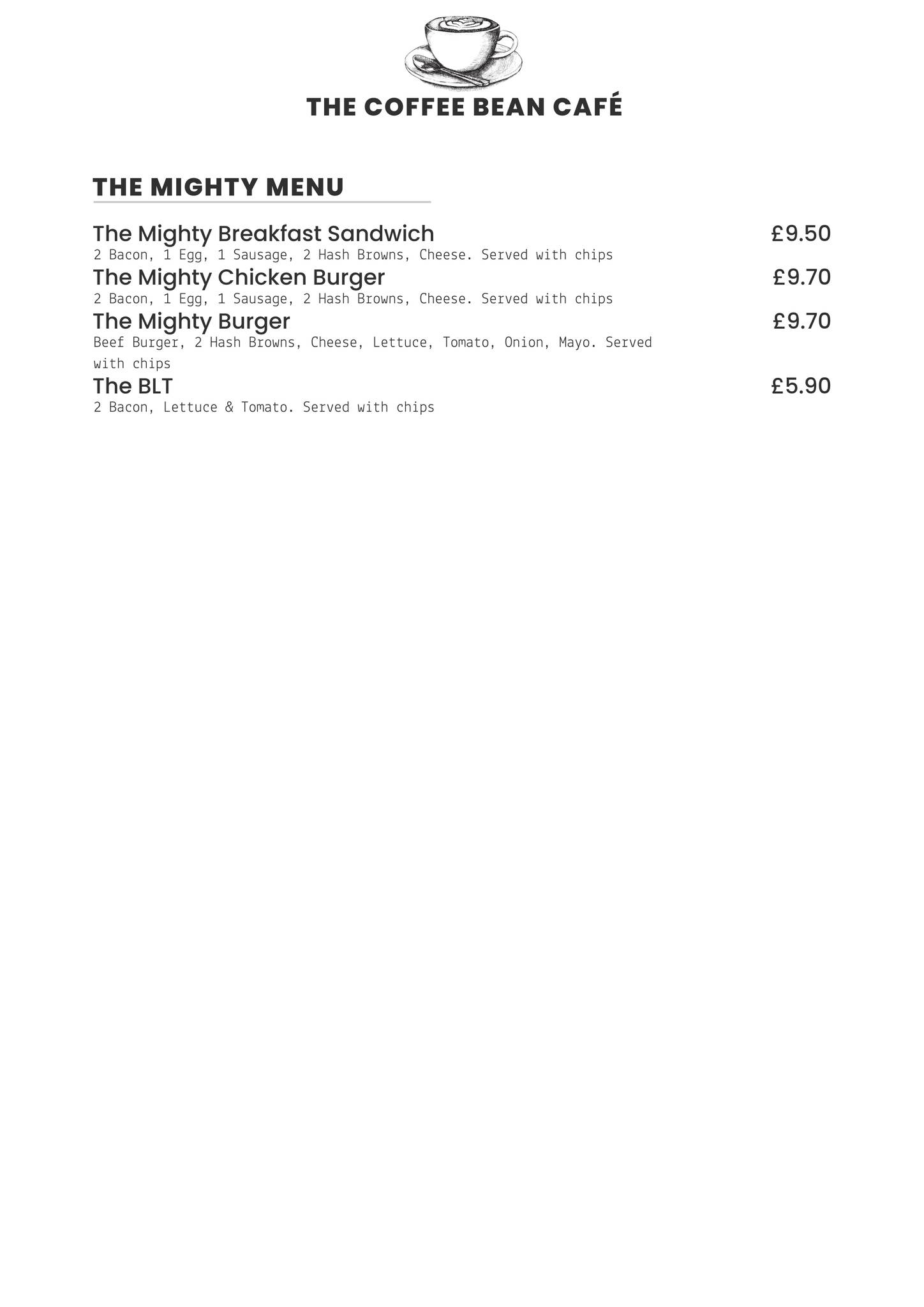 Menu at Coffee Bean Cafe, Clacton-on-Sea