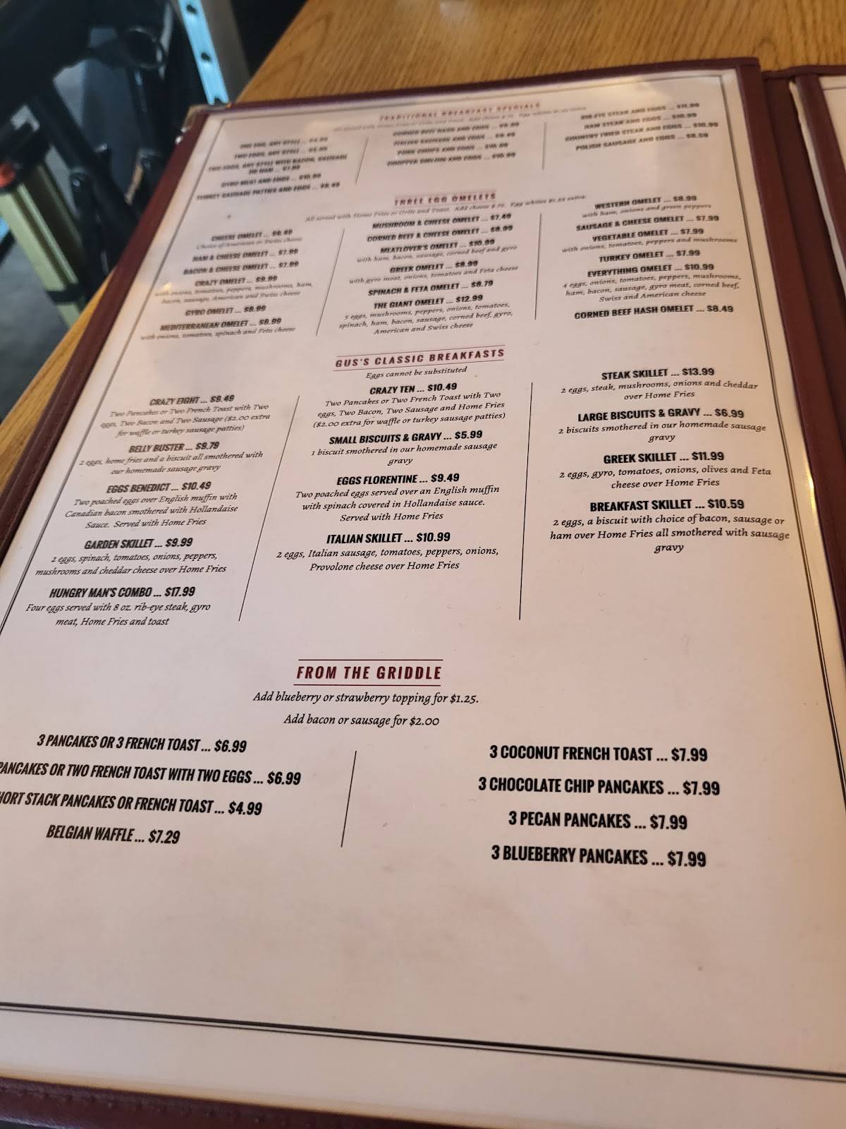Menu at Gus's Diner One Eight Five restaurant, Cleveland