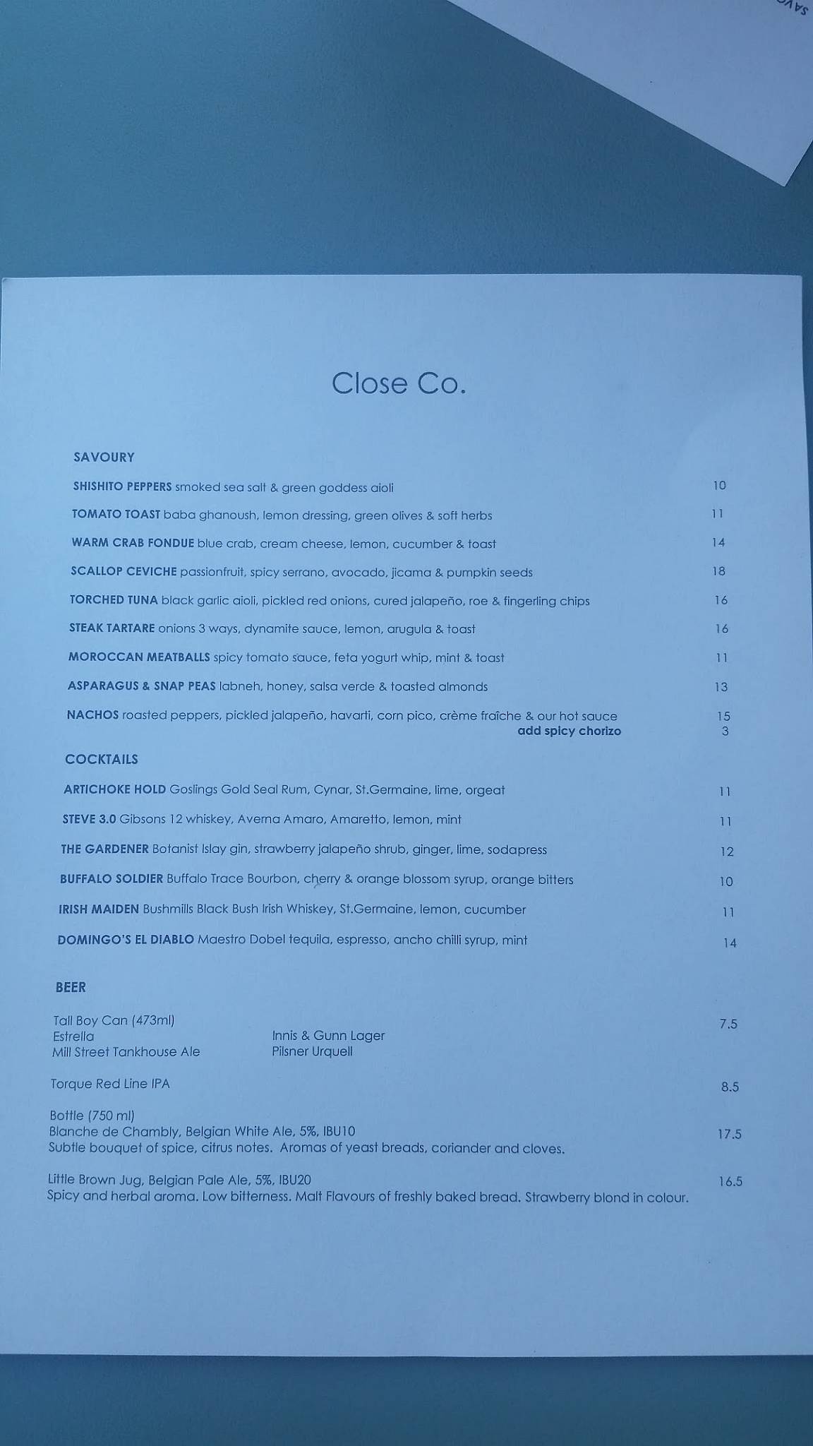 Menu at Close Company pub & bar, Winnipeg