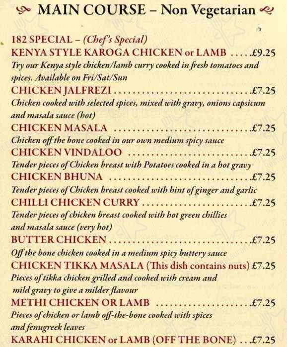Menu at Club 182, Wembley