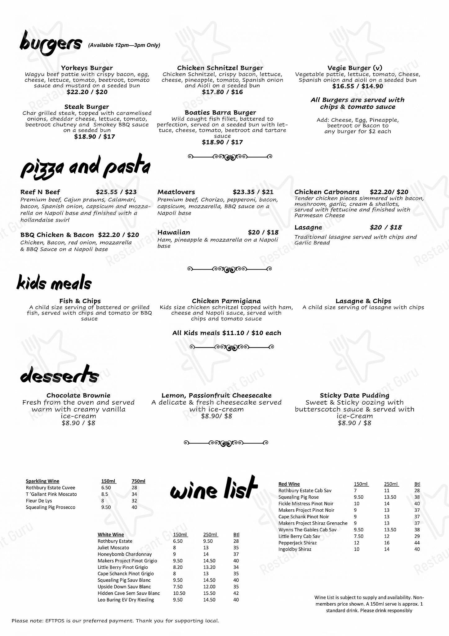 Menu at Yorkeys Knob Boating Club, Yorkeys Knob