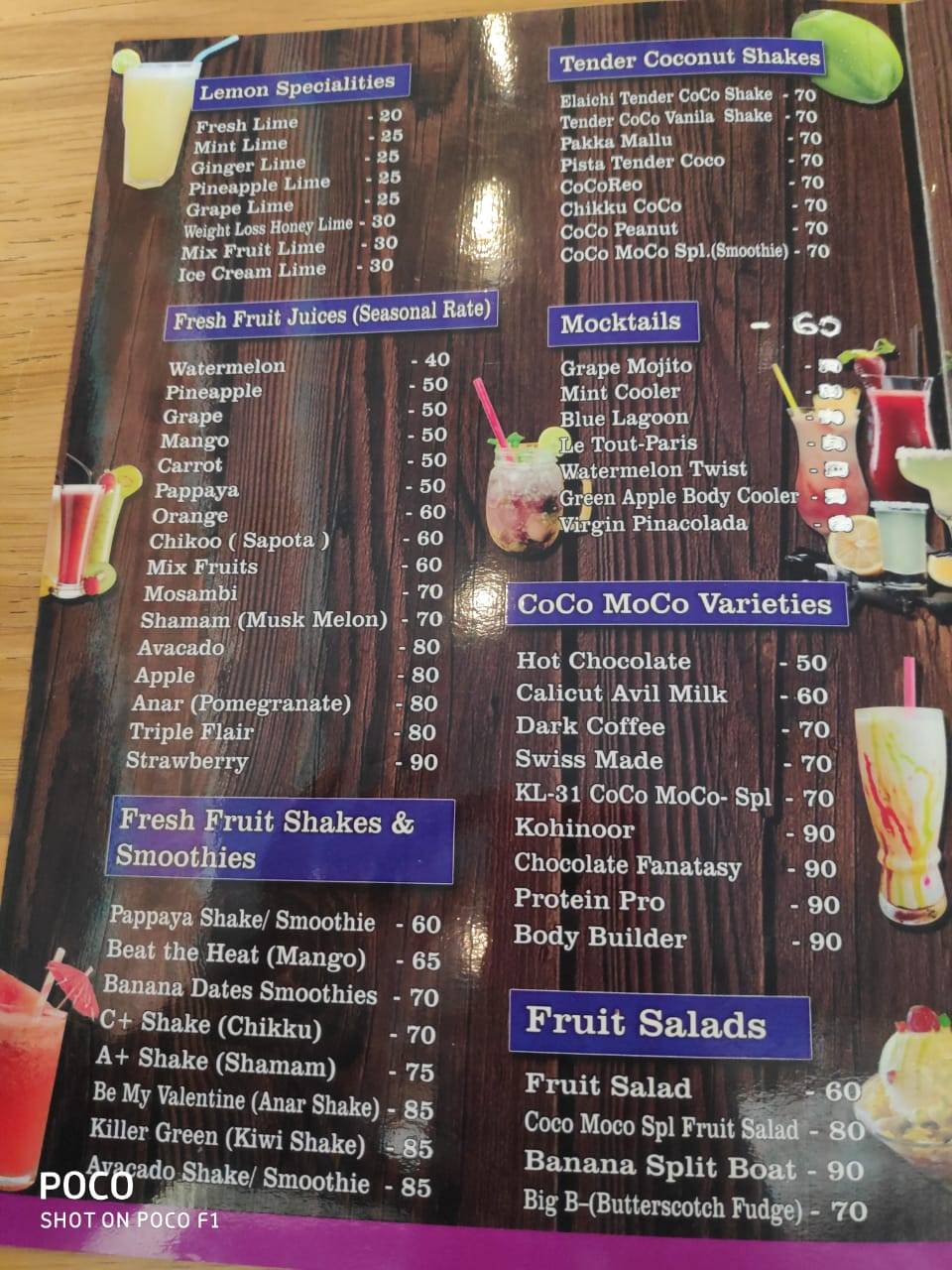 Menu at CoCo MoCo, Mavelikara