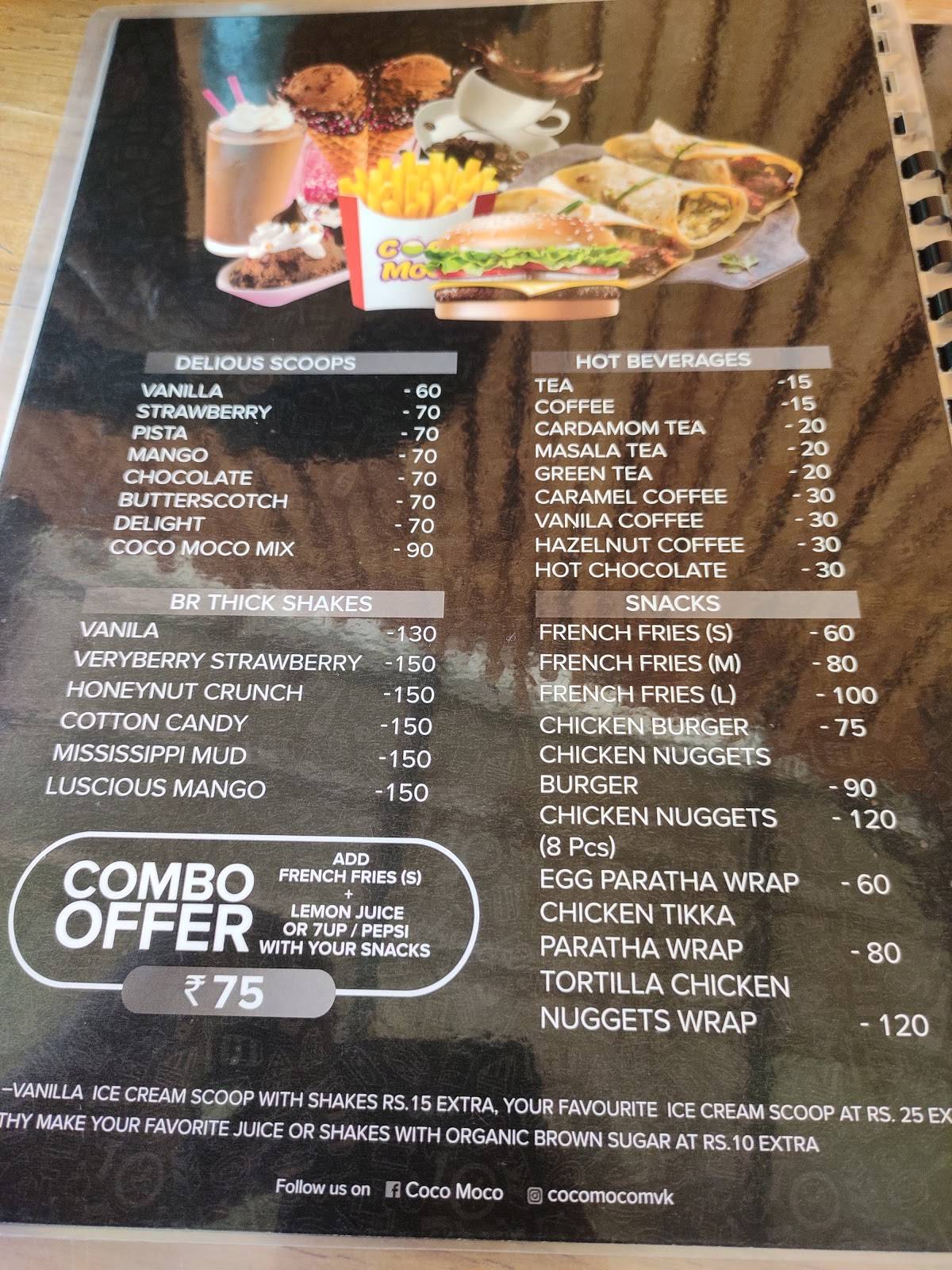 Menu at CoCo MoCo, Mavelikara