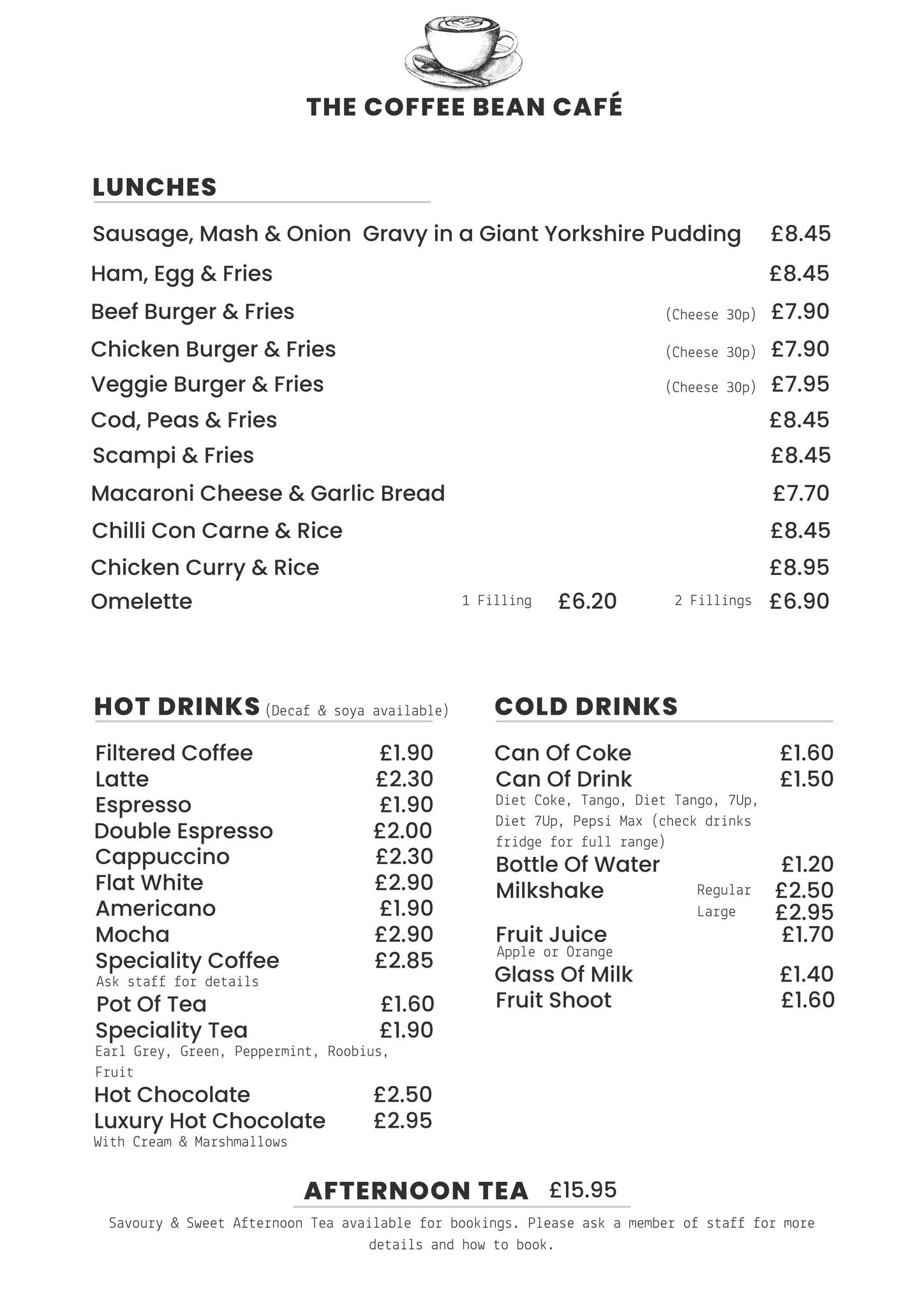 Menu at Coffee Bean Cafe, Clacton-on-Sea