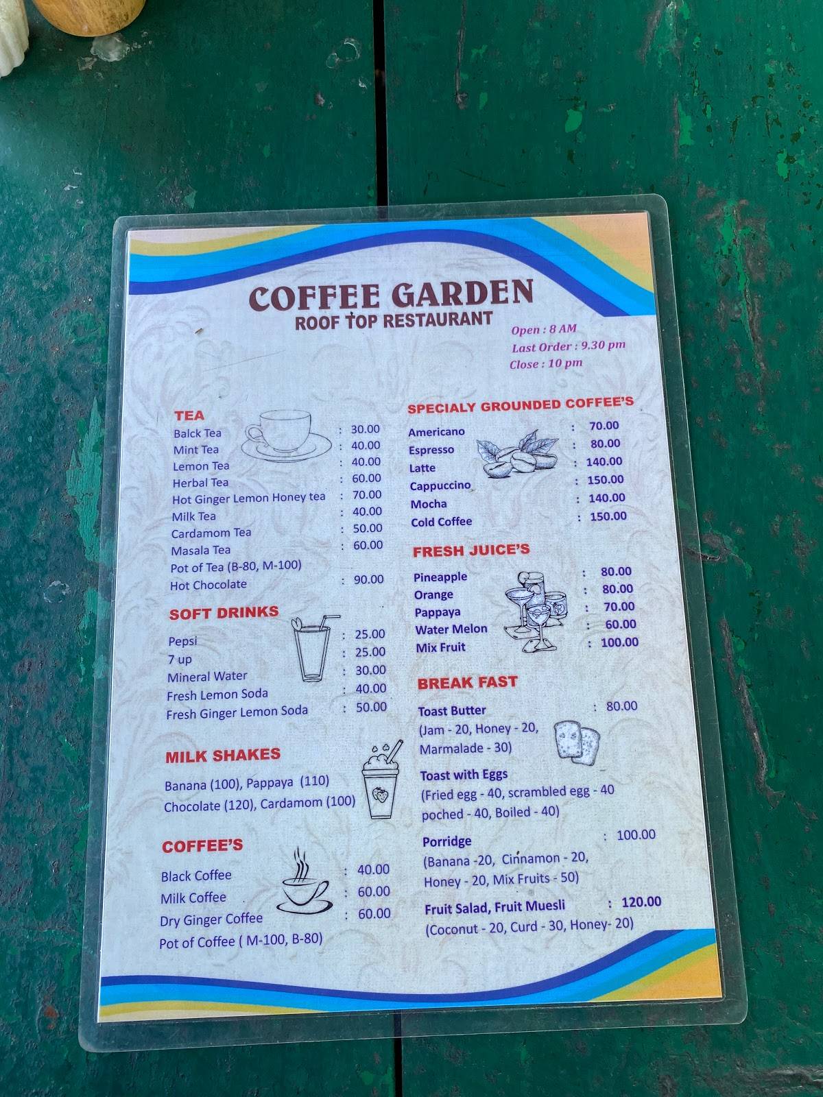 Menu at Coffee Garden - Rooftop Restaurant, Kumily