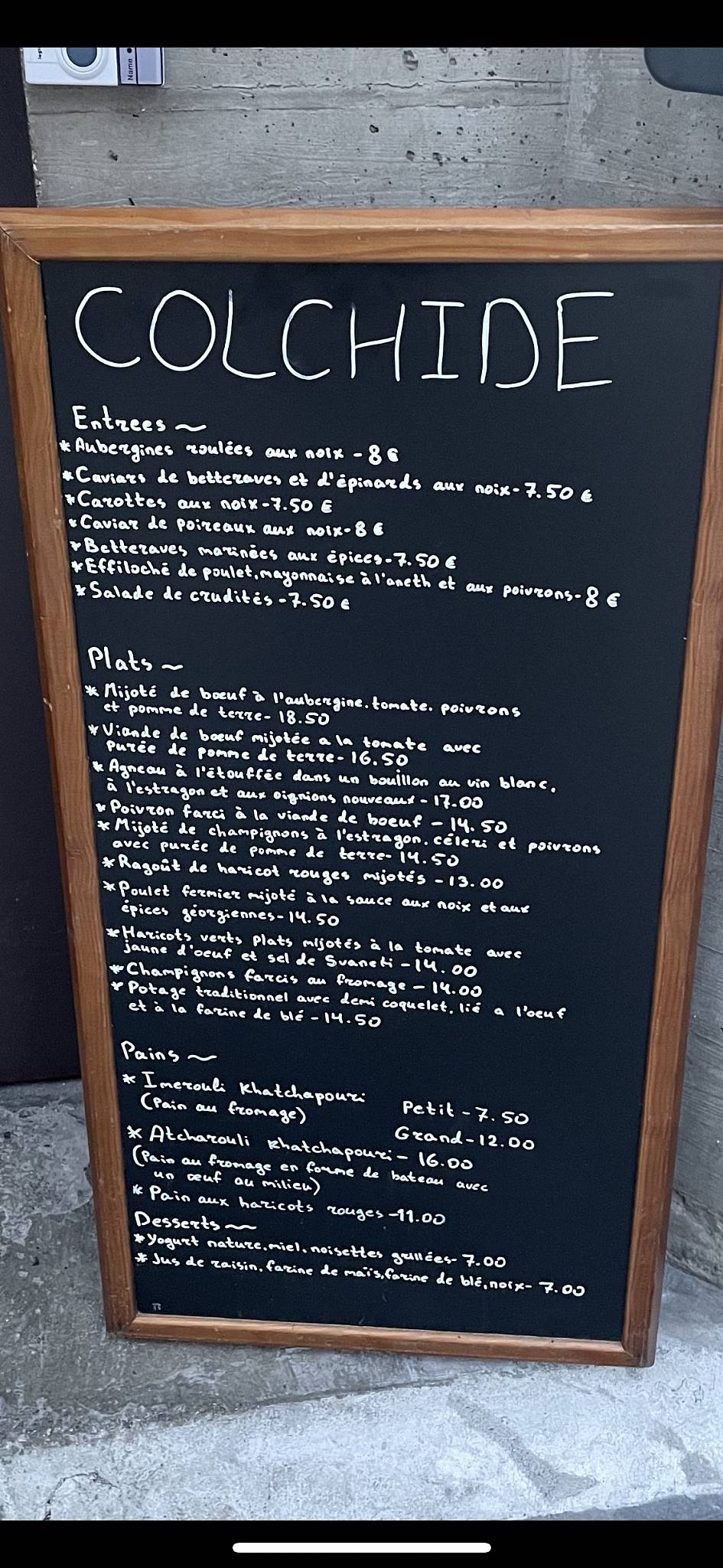 Menu at Colchide restaurant, Paris, 97 Rue des Poissonniers