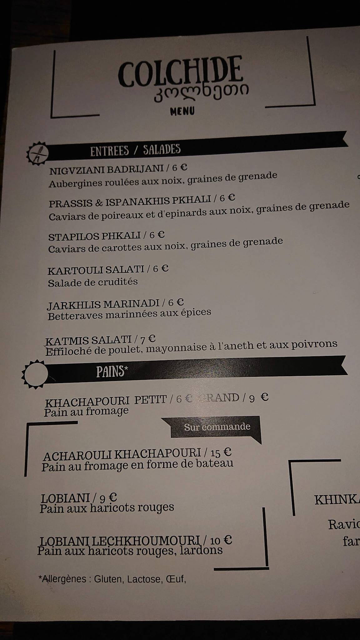 Menu at Colchide restaurant, Paris, 97 Rue des Poissonniers