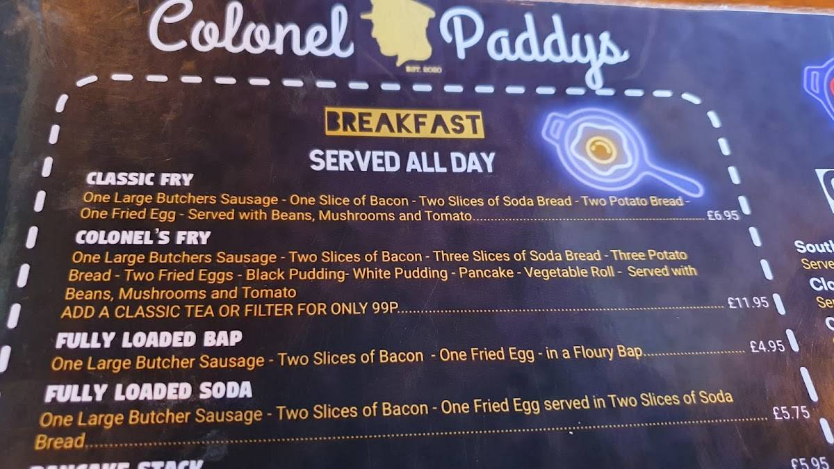 Menu at Colonel Paddy´s cafe, Newtownards