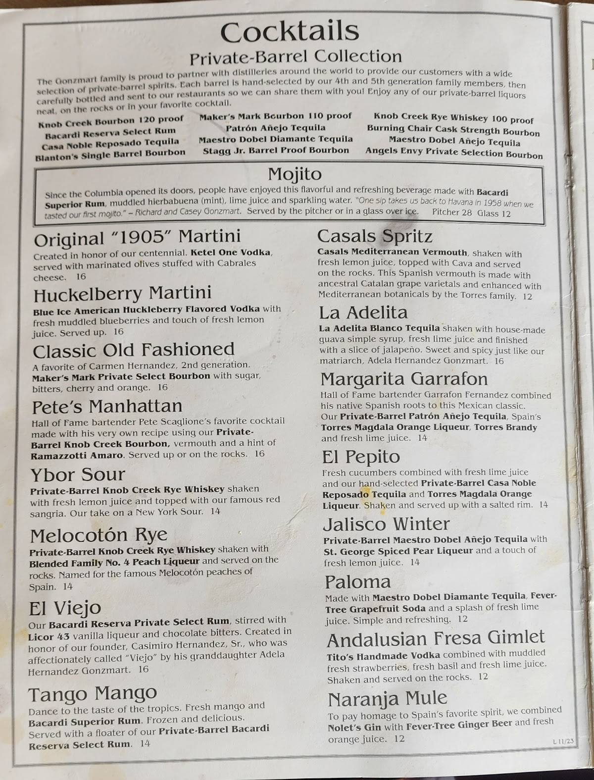 Menu at Columbia Restaurant, Sarasota