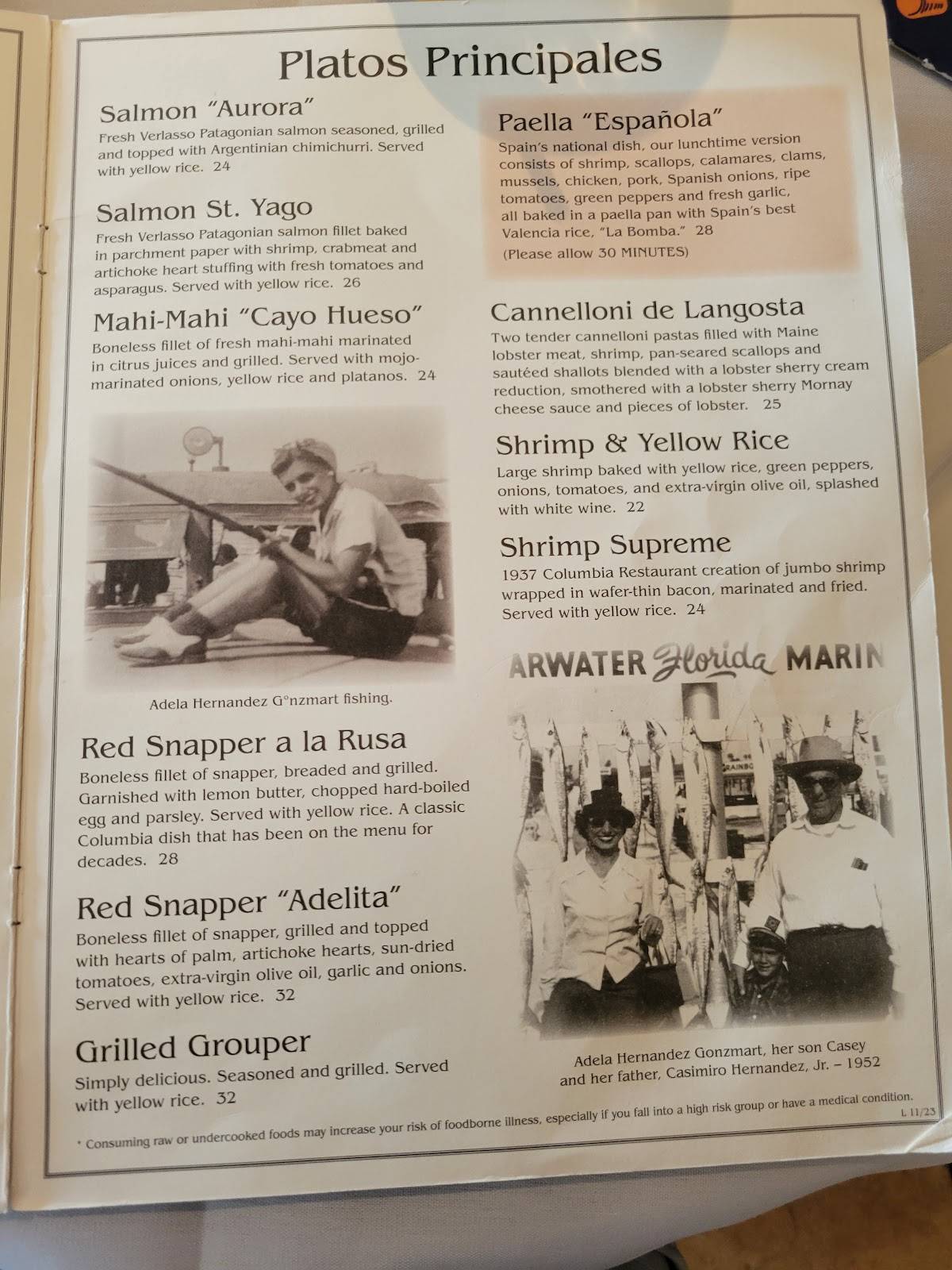 Menu at Columbia Restaurant, Sarasota