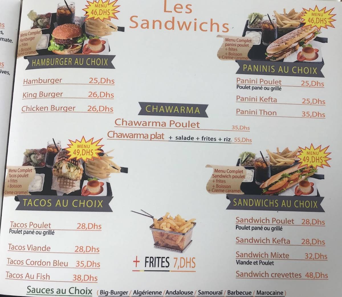 Menu au Comedia restaurant, Tanger