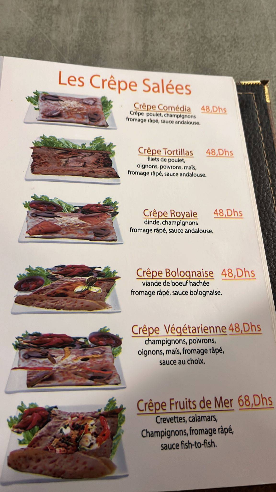 Menu au Comedia restaurant, Tanger