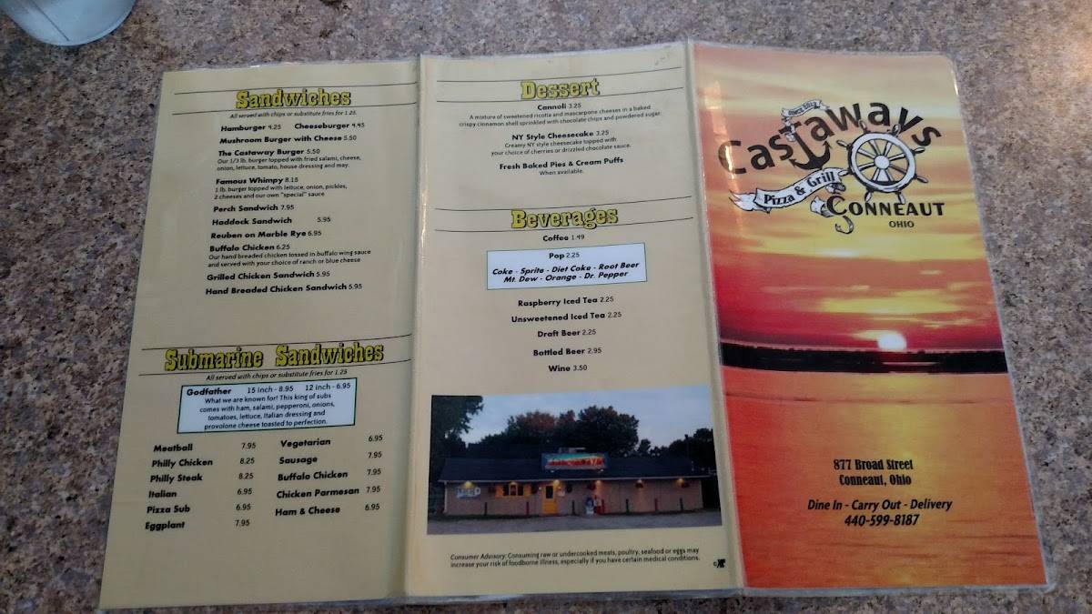 Menu at Castaways Pizza & Grill restaurant, Conneaut