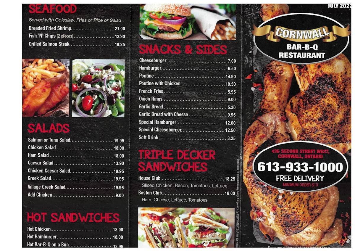 Menu at Cornwall Bar B Q Restaurant, Cornwall