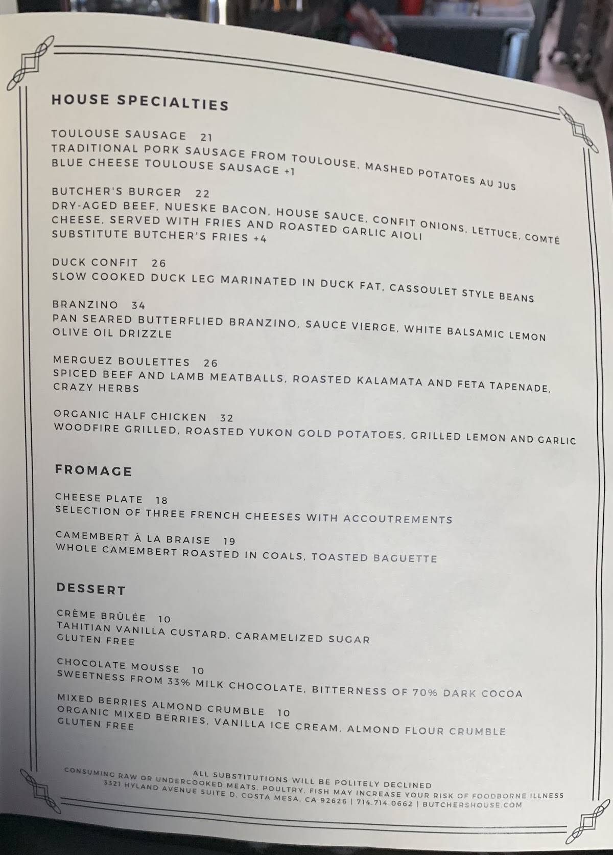 Menu at Butcher’s House Brasserie steakhouse, Costa Mesa