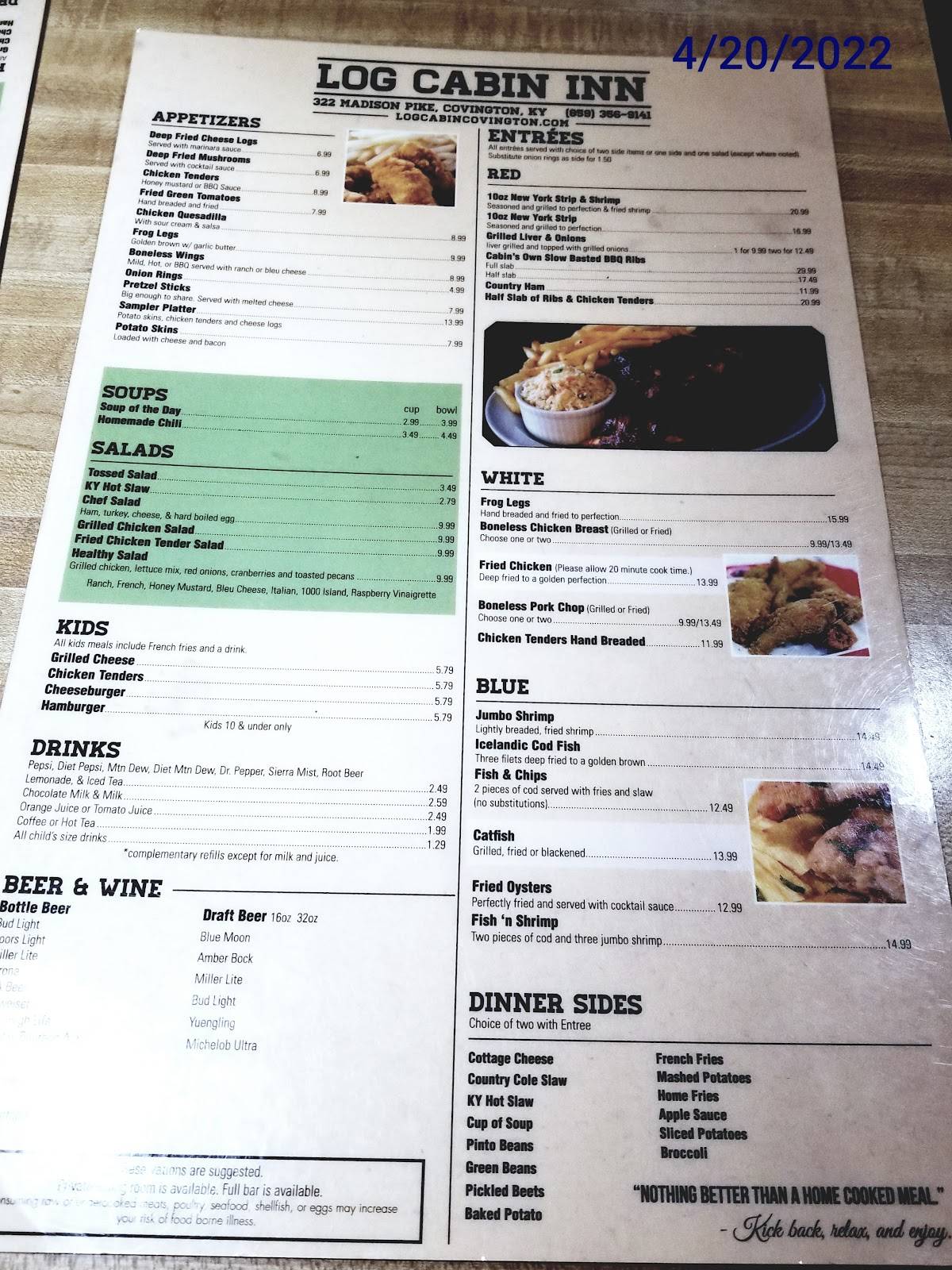 Menu at Log Cabin Inn steakhouse, Covington, 322 Madison Pike