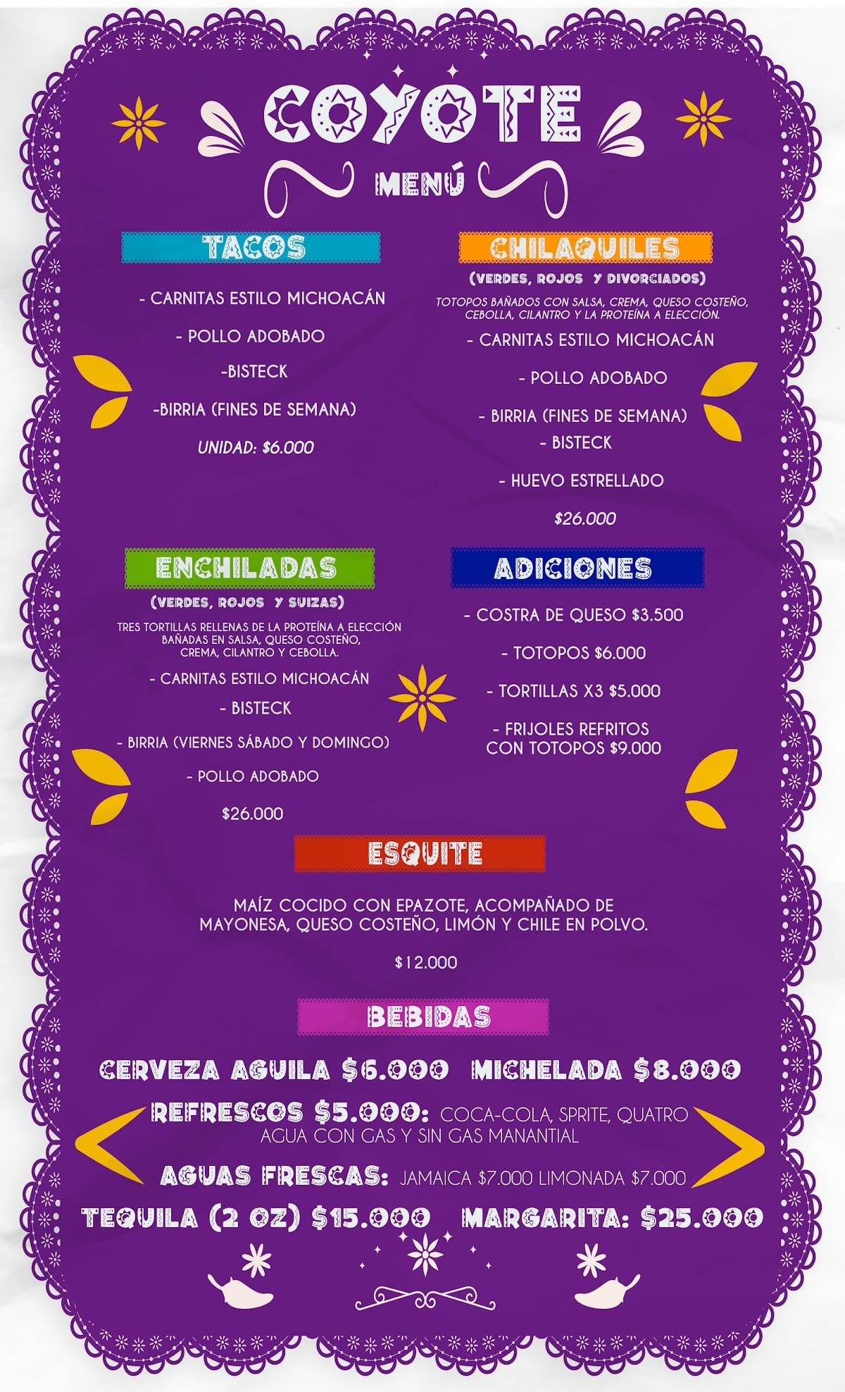 Menu at Coyote restaurant, Villa de Leyva