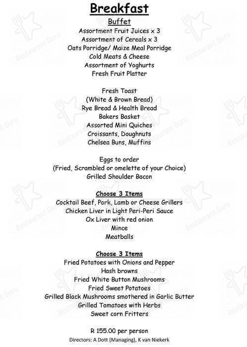 Menu at Cradle Moon Lakeside Game Lodge restaurant, Roodepoort
