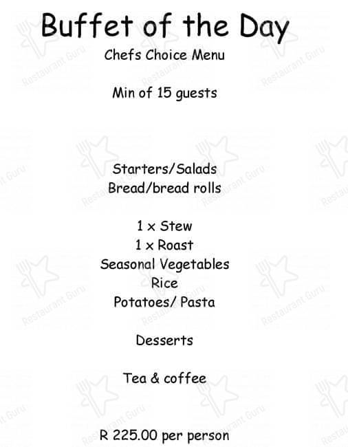 Menu at Cradle Moon Lakeside Game Lodge restaurant, Roodepoort