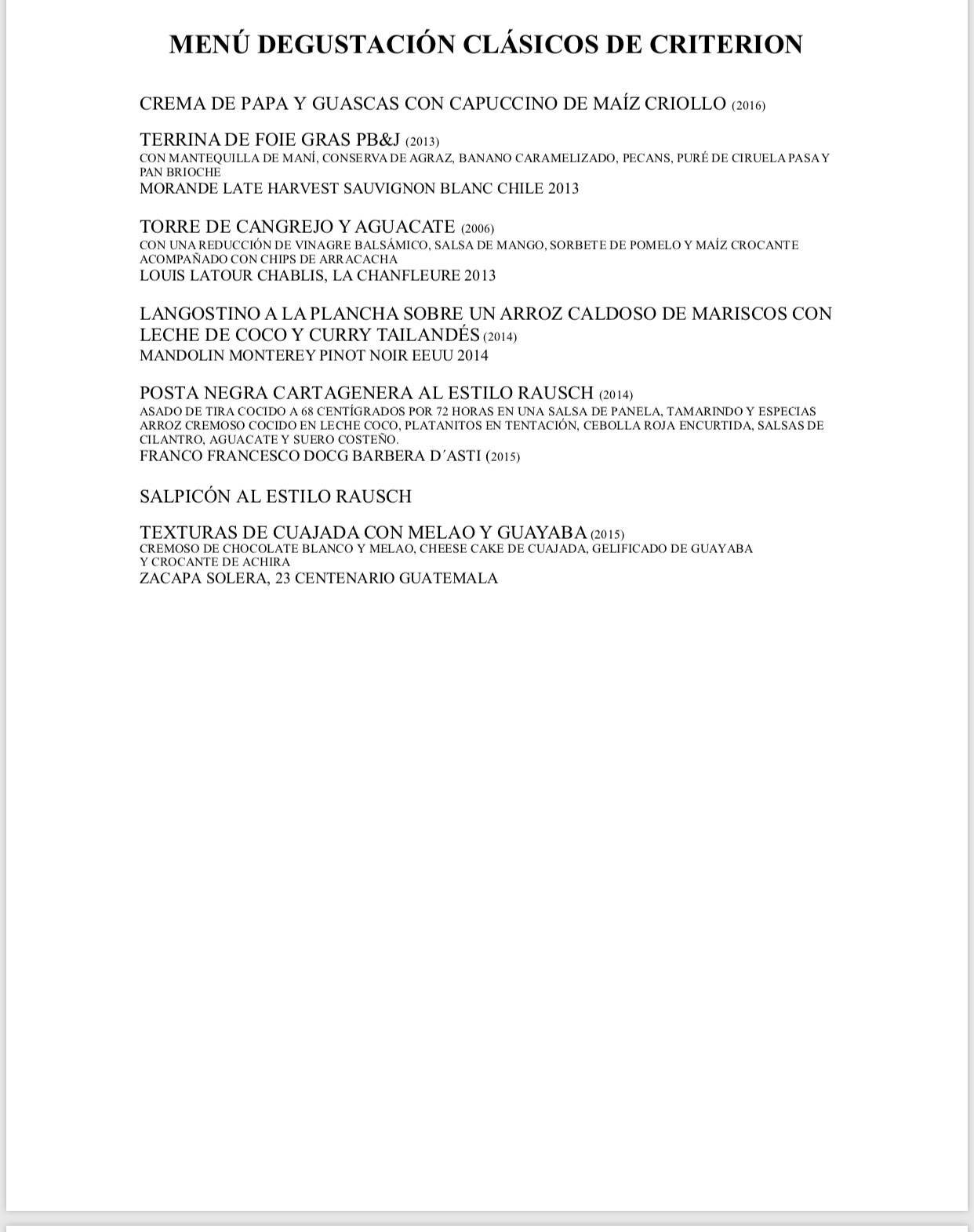 Carta del restaurante Criterión, Bogotá