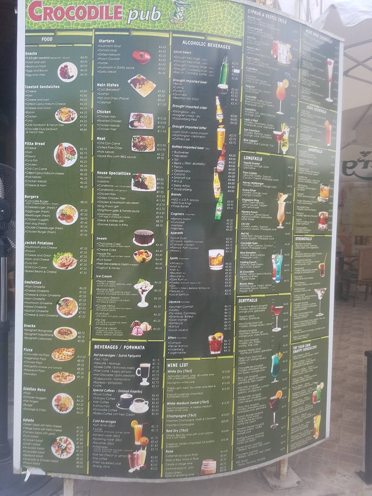 Menu at Crocodile Pub, Paphos, PCXG+7F5
