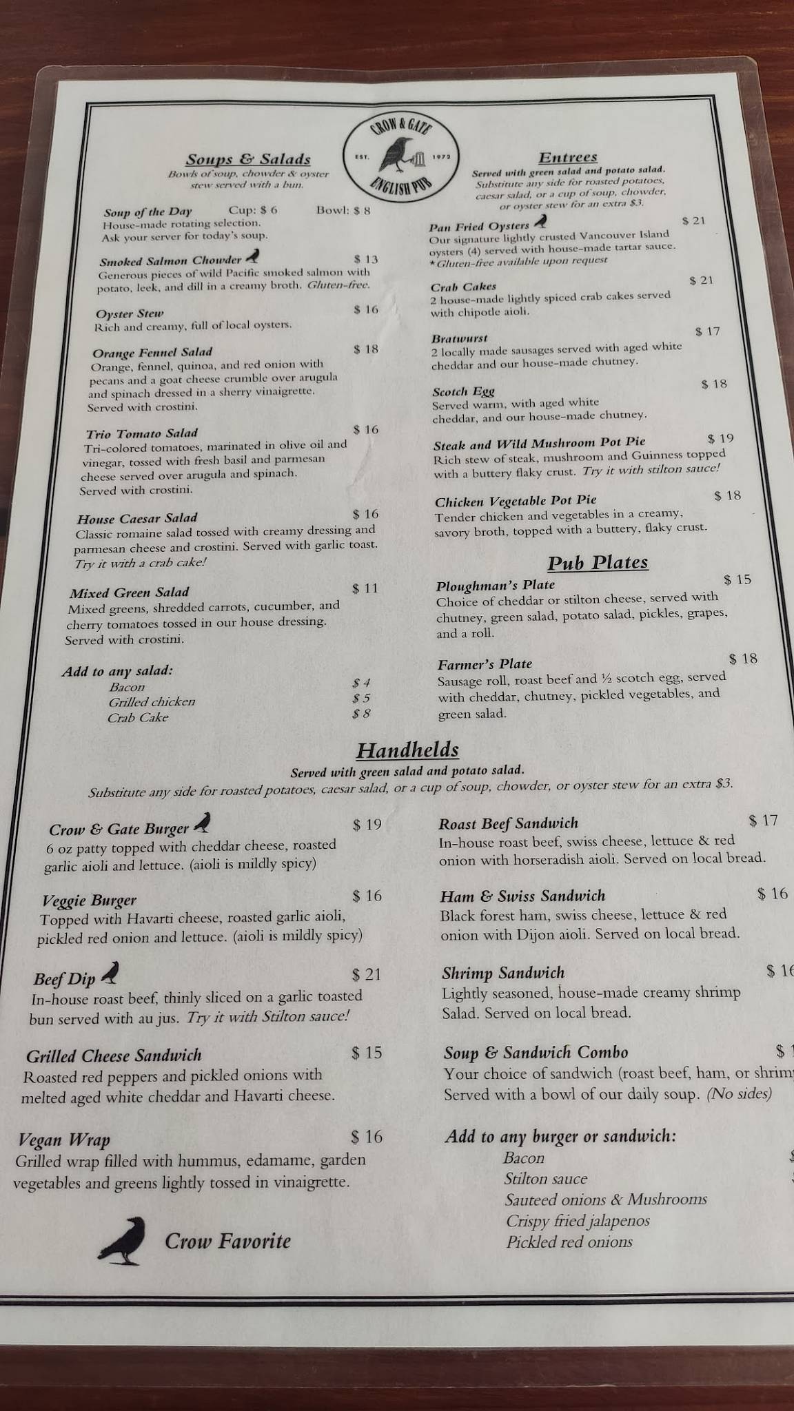 Menu at Crow & Gate Pub, Nanaimo