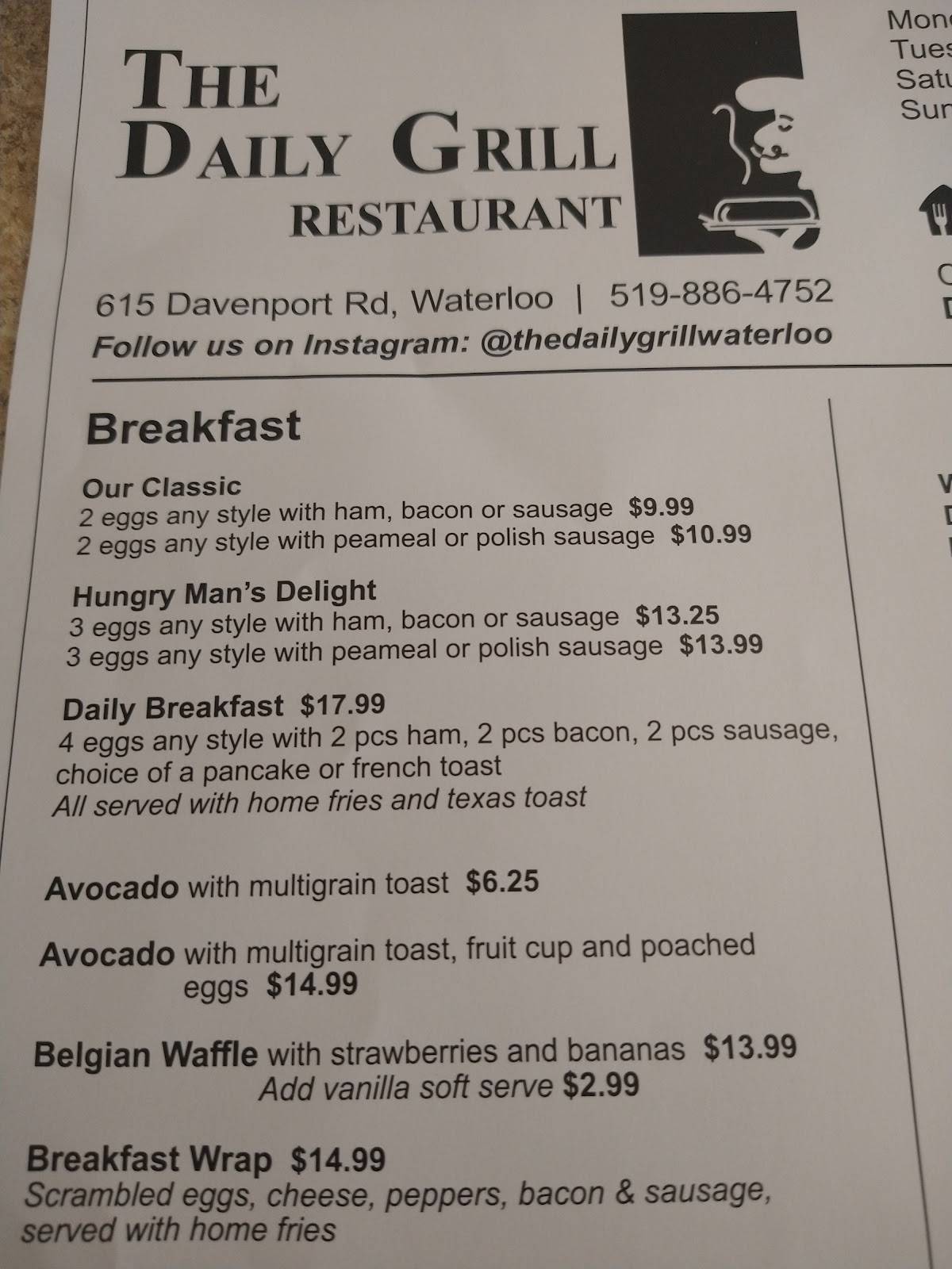 Menu at Daily Grill Restaurant, Waterloo