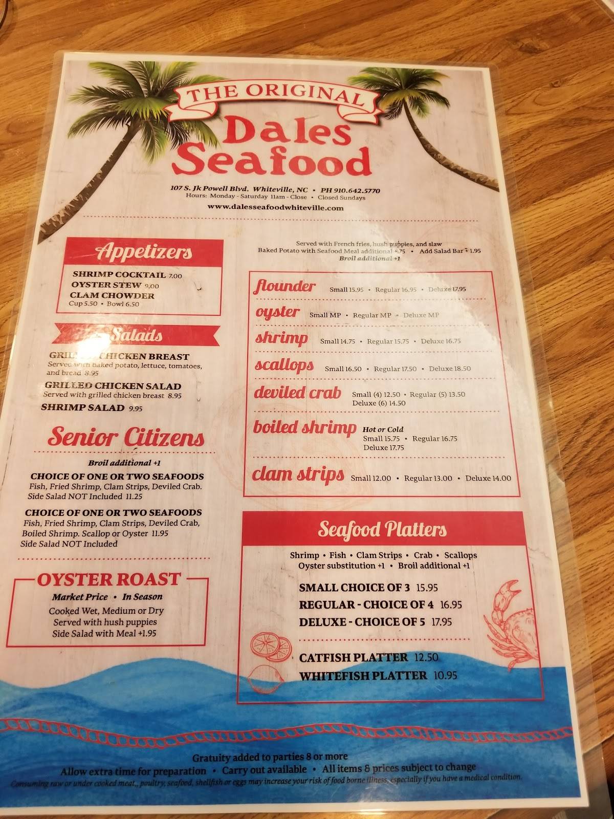 Menu at Dale's Seafood of Whiteville restaurant, Whiteville