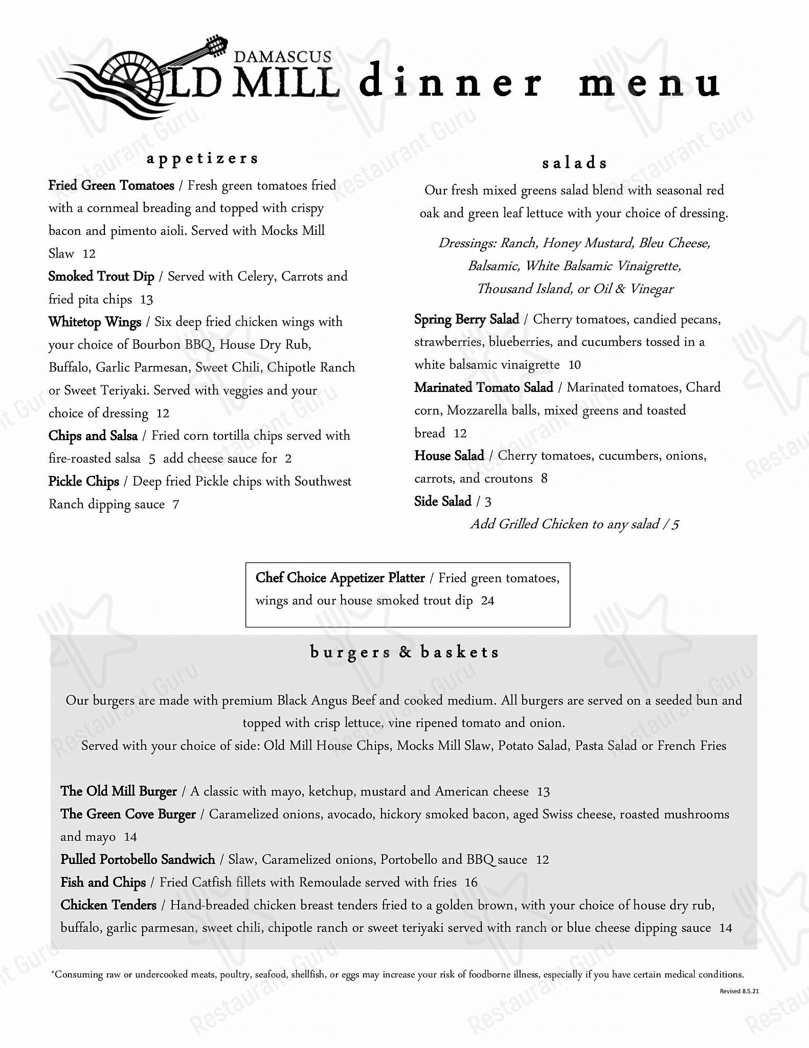 Menu at Damascus Old Mill Inn pub & bar, Damascus