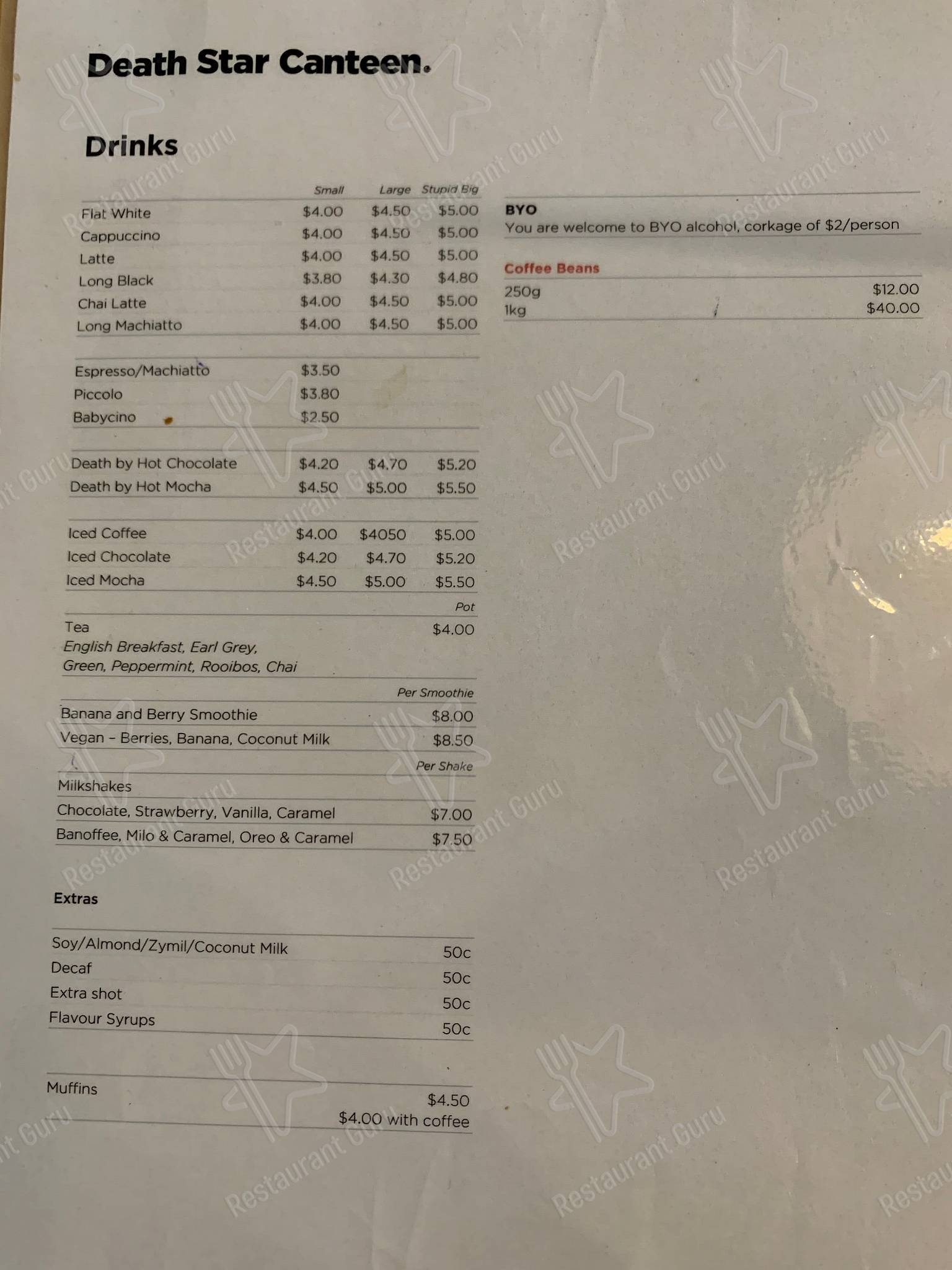 Menu at Death Star Canteen cafe, Brisbane City