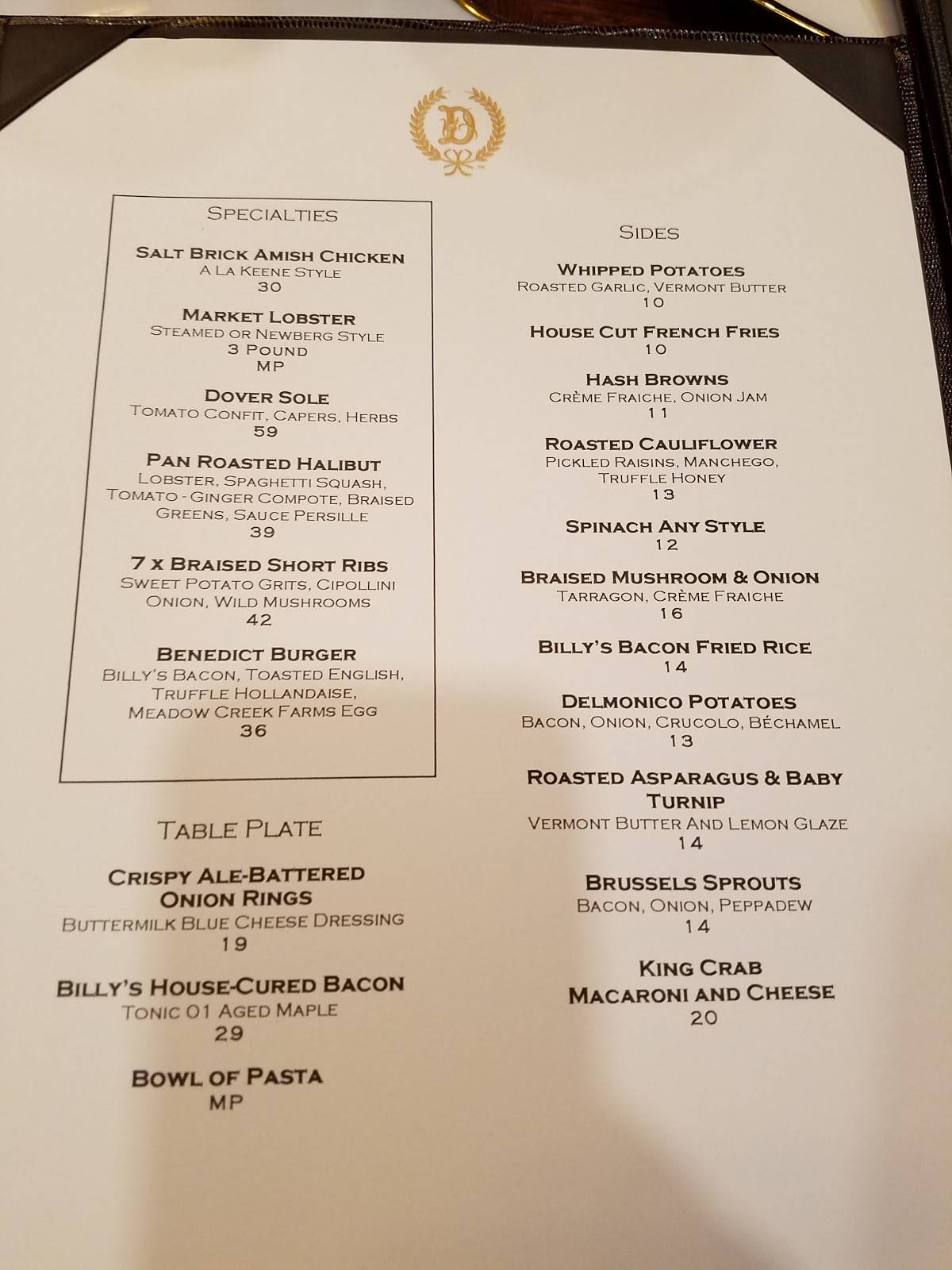 Menu at Delmonico's steakhouse, New York City