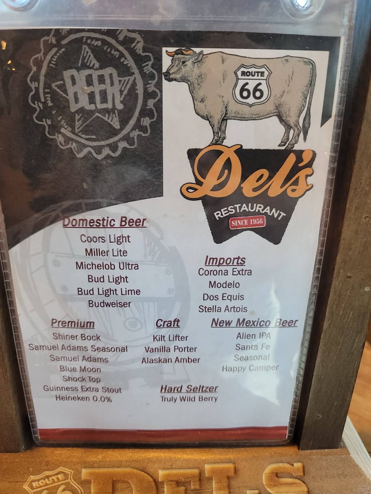Menu at Del's Restaurant, Tucumcari