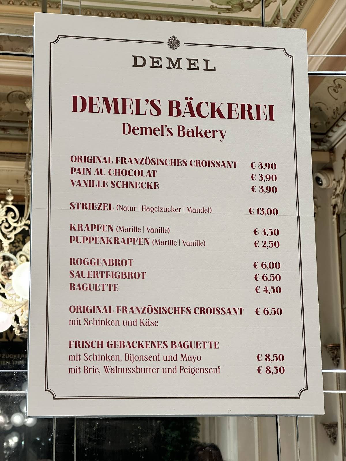 Menu at Demel cafe, Vienna, Kohlmarkt 14