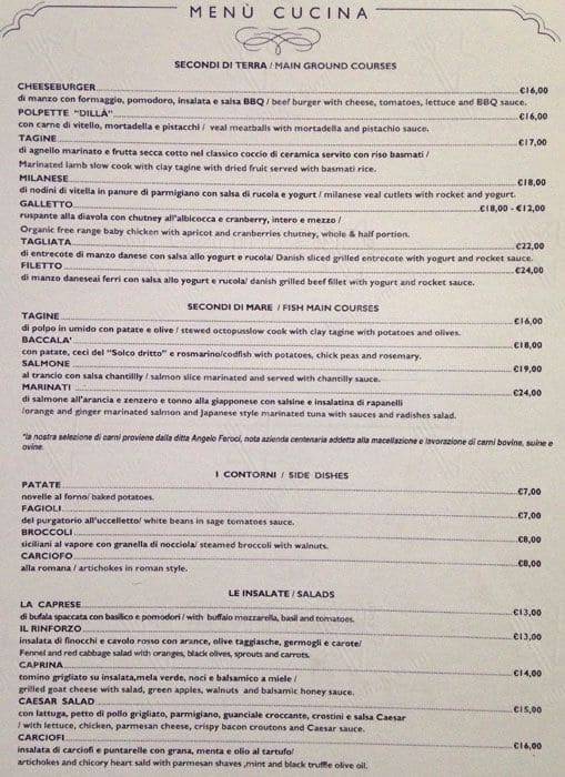 Menu at Ristorante Dillà, Rome