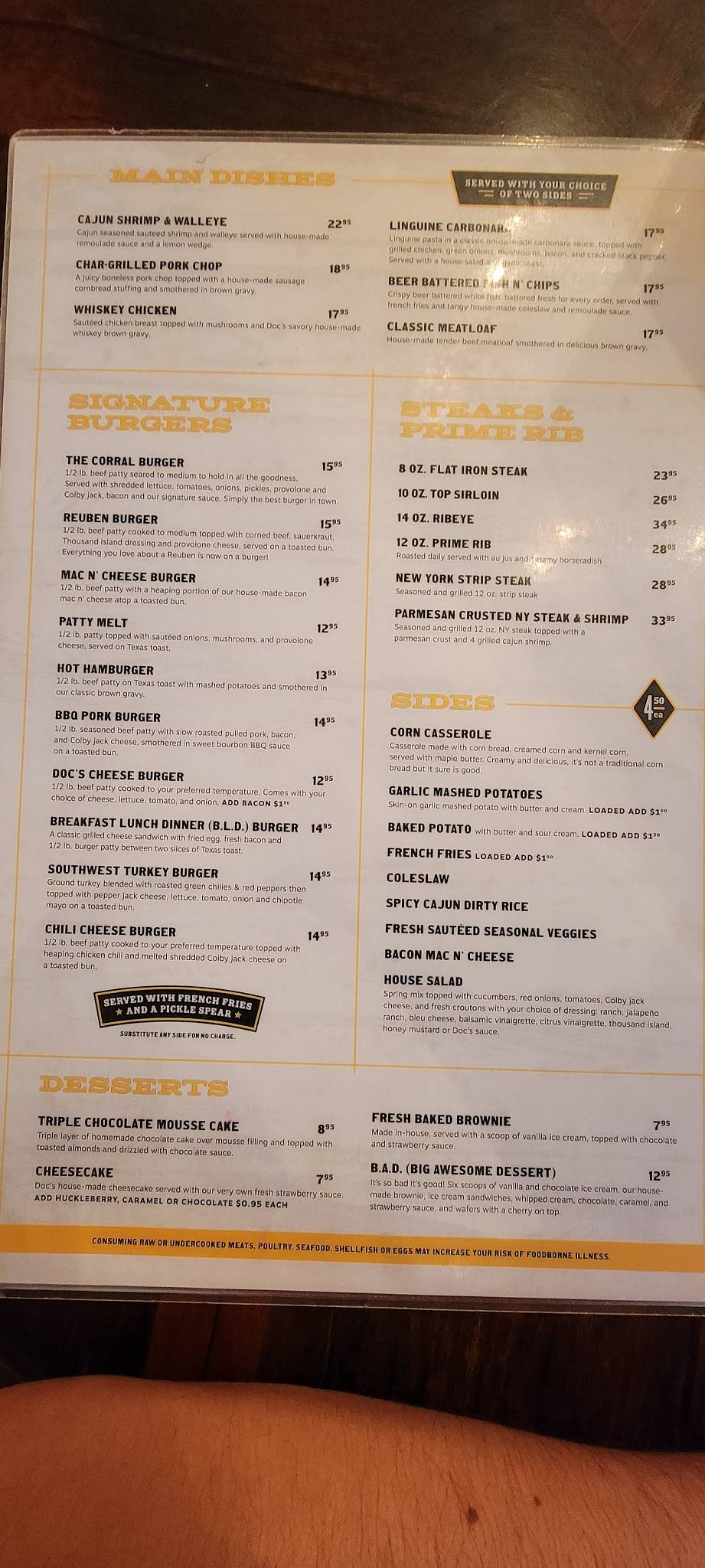 Menu at Doc Holliday's Roadhouse steakhouse, Williston