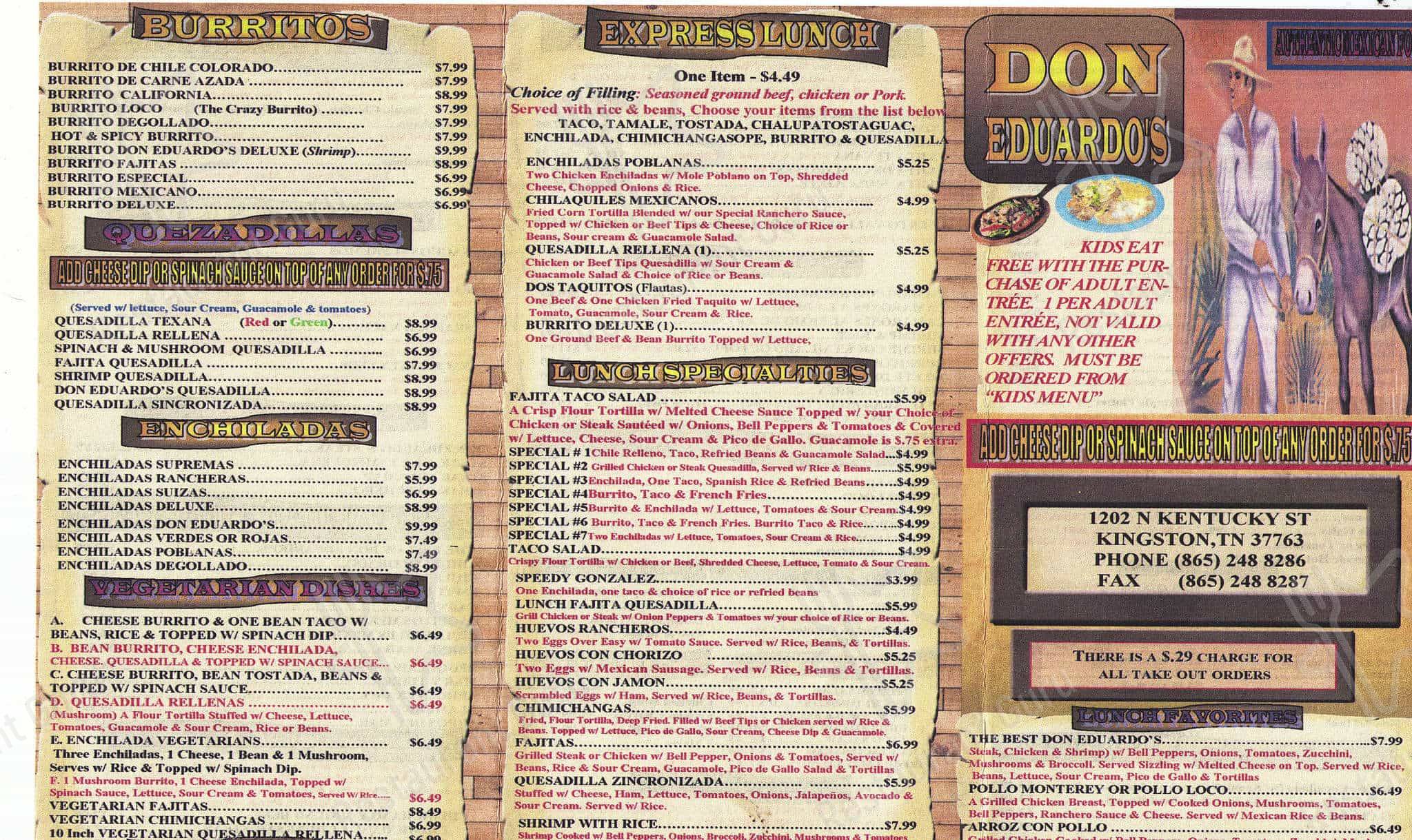 Menu at Don Eduardos Mexican Grill restaurant, Kingston