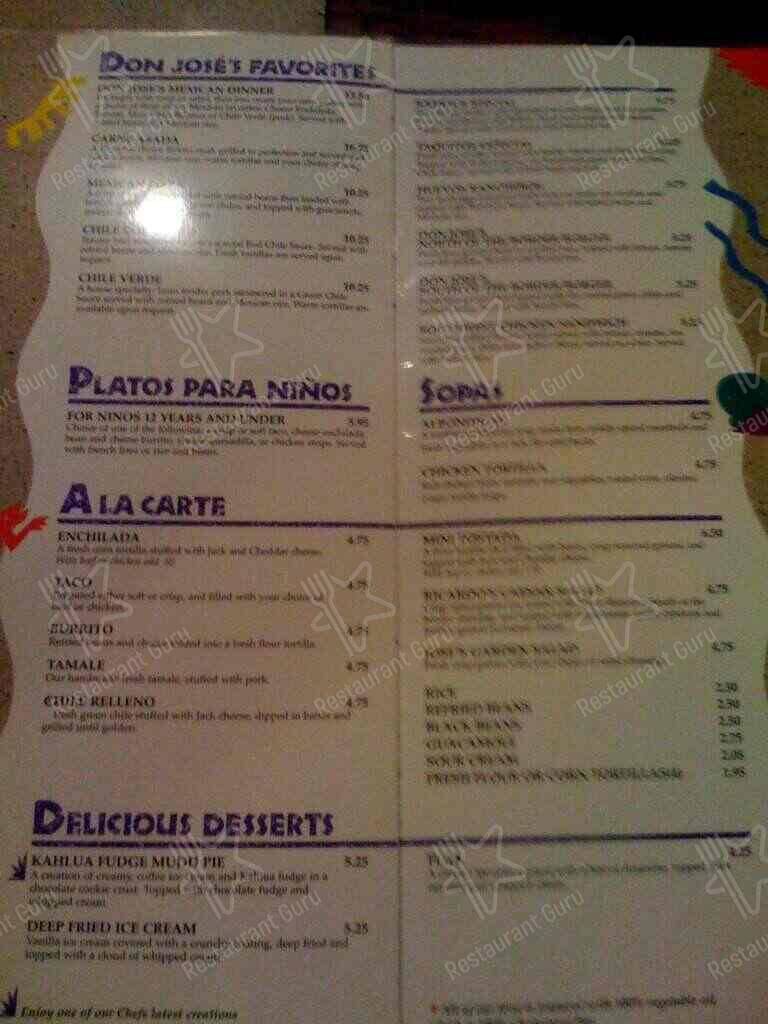 Menu at Don Jose's Mexican restaurant, Fullerton