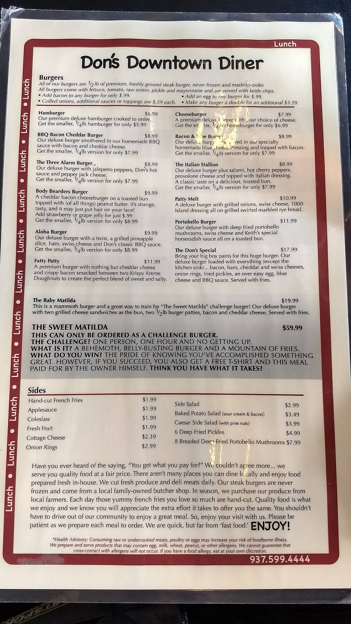Menu at Don's Downtown Diner restaurant, Bellefontaine