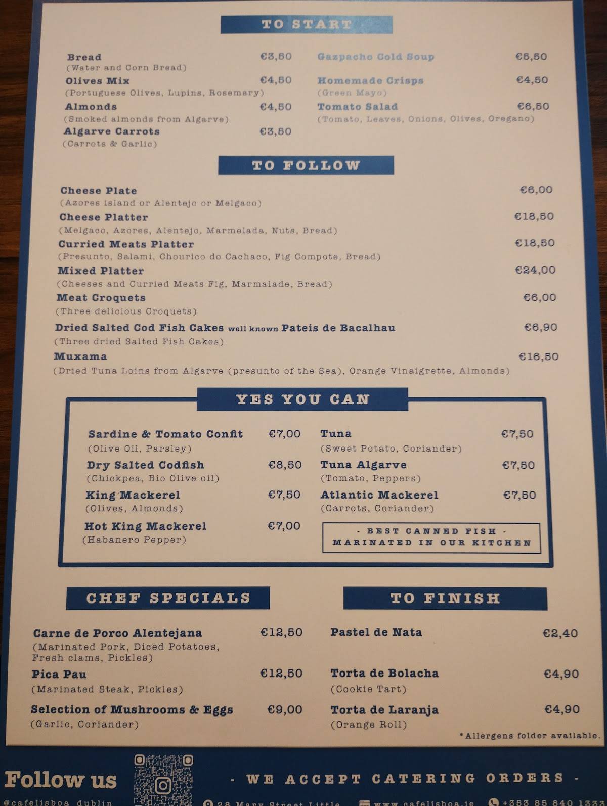Menu at Café Lisboa cafe, Dublin